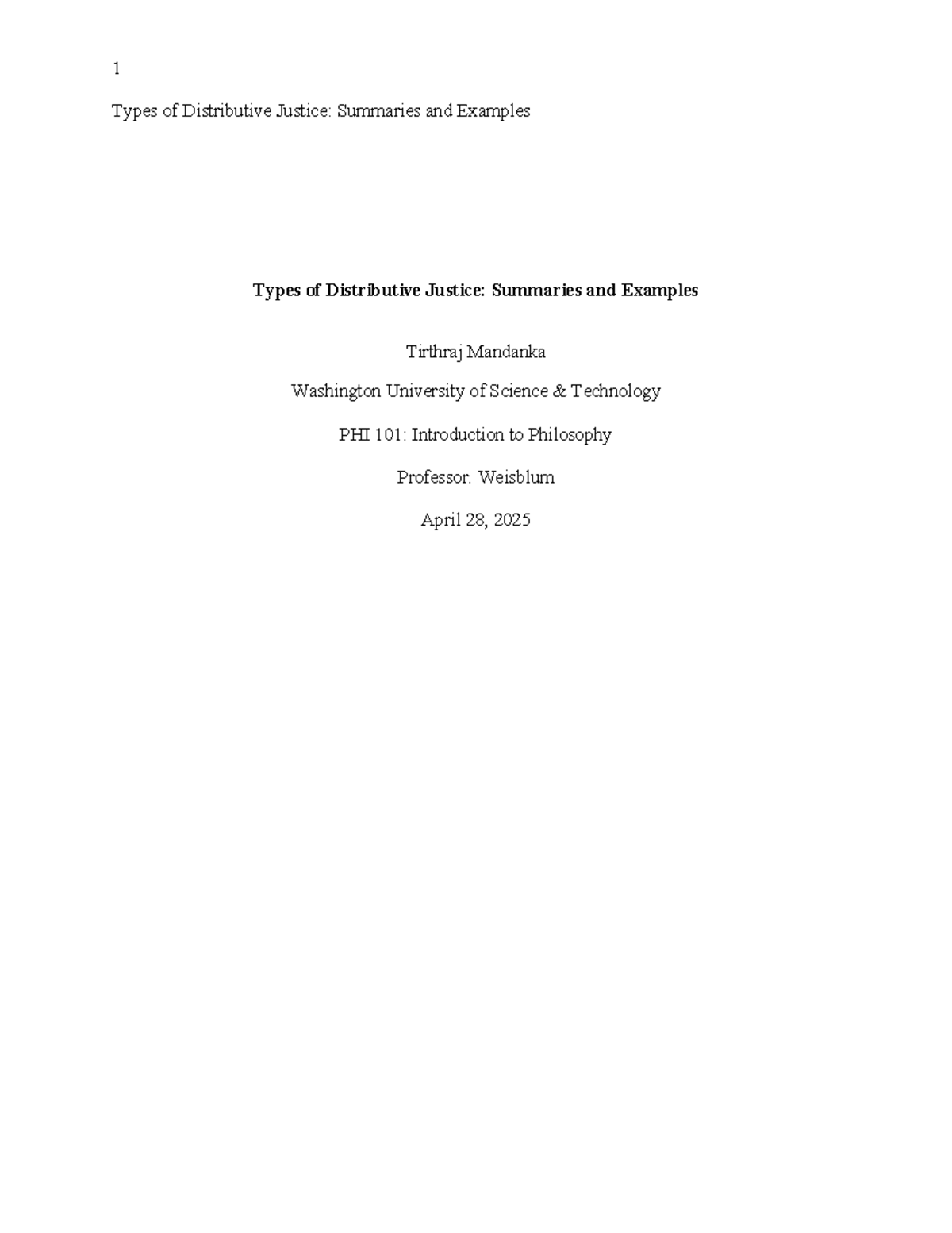 PHI 101: Types of Distributive Justice - Summaries & Examples - Studocu