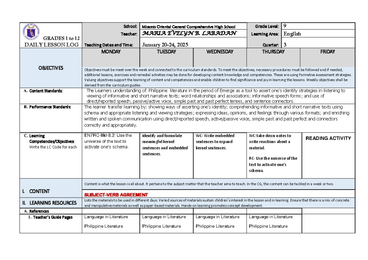 3rd Quarter English 9 Daily Lesson Log (Jan 20-24, 2025) - Studocu