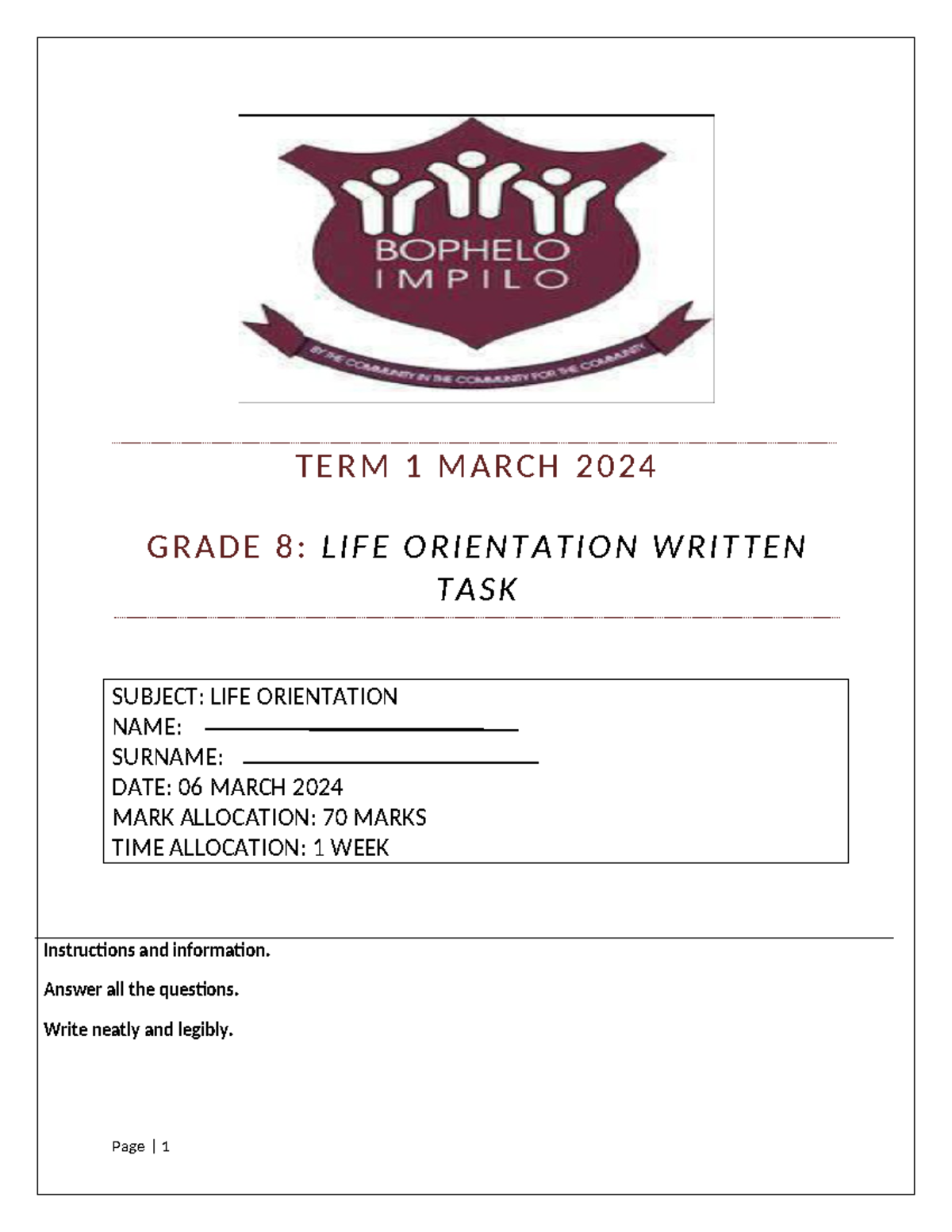Grade 8 Life Orientation Task - Term 1, March 2024 - Studocu