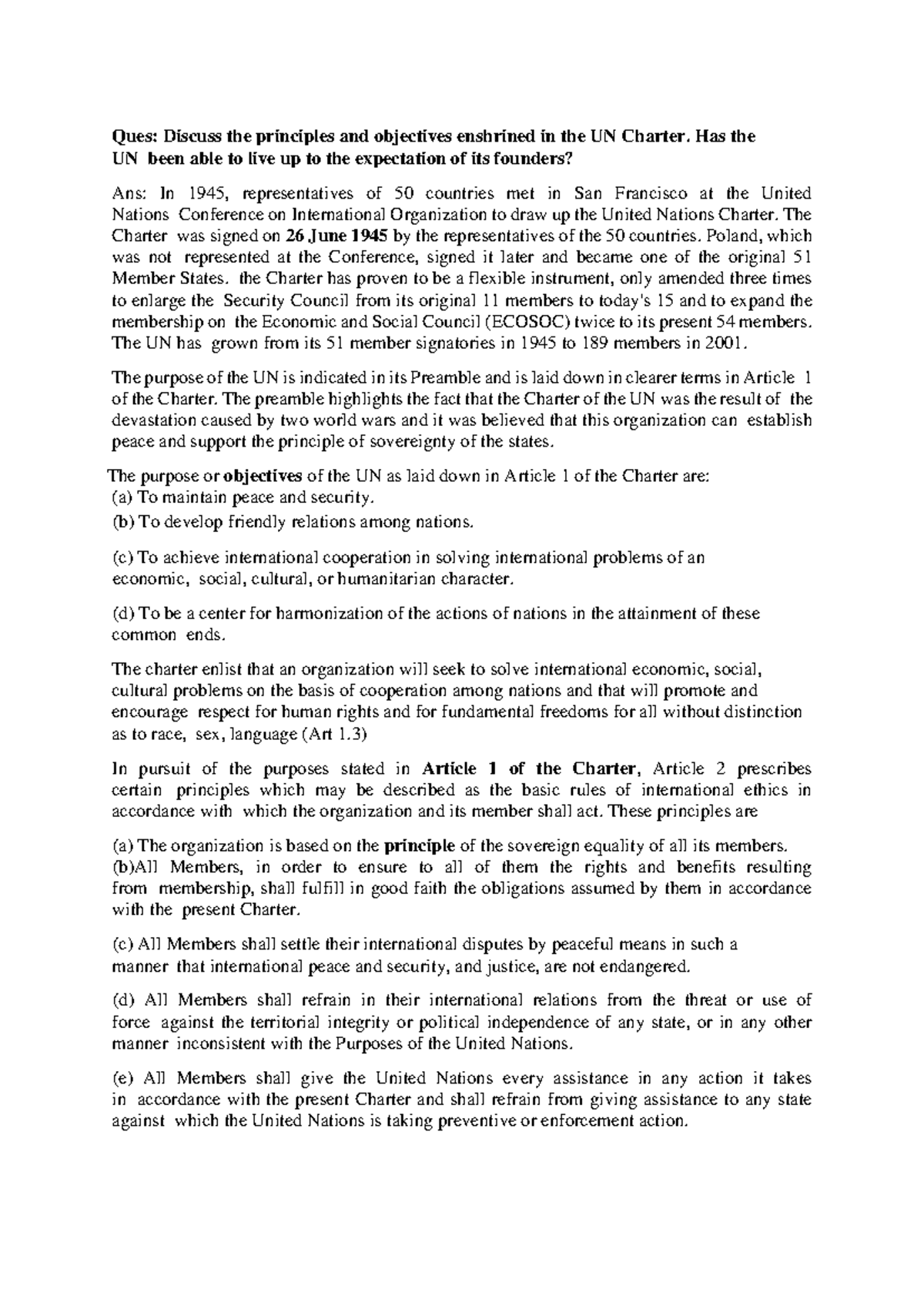 Principles and Objectives enshrined in UN Charter - Ques: Discuss the ...
