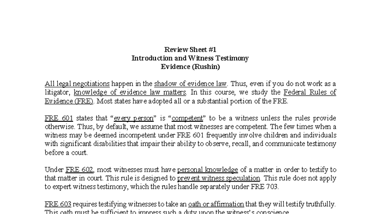 Review Sheet: Introduction to Witness Testimony Evidence (Rushin) - Studocu