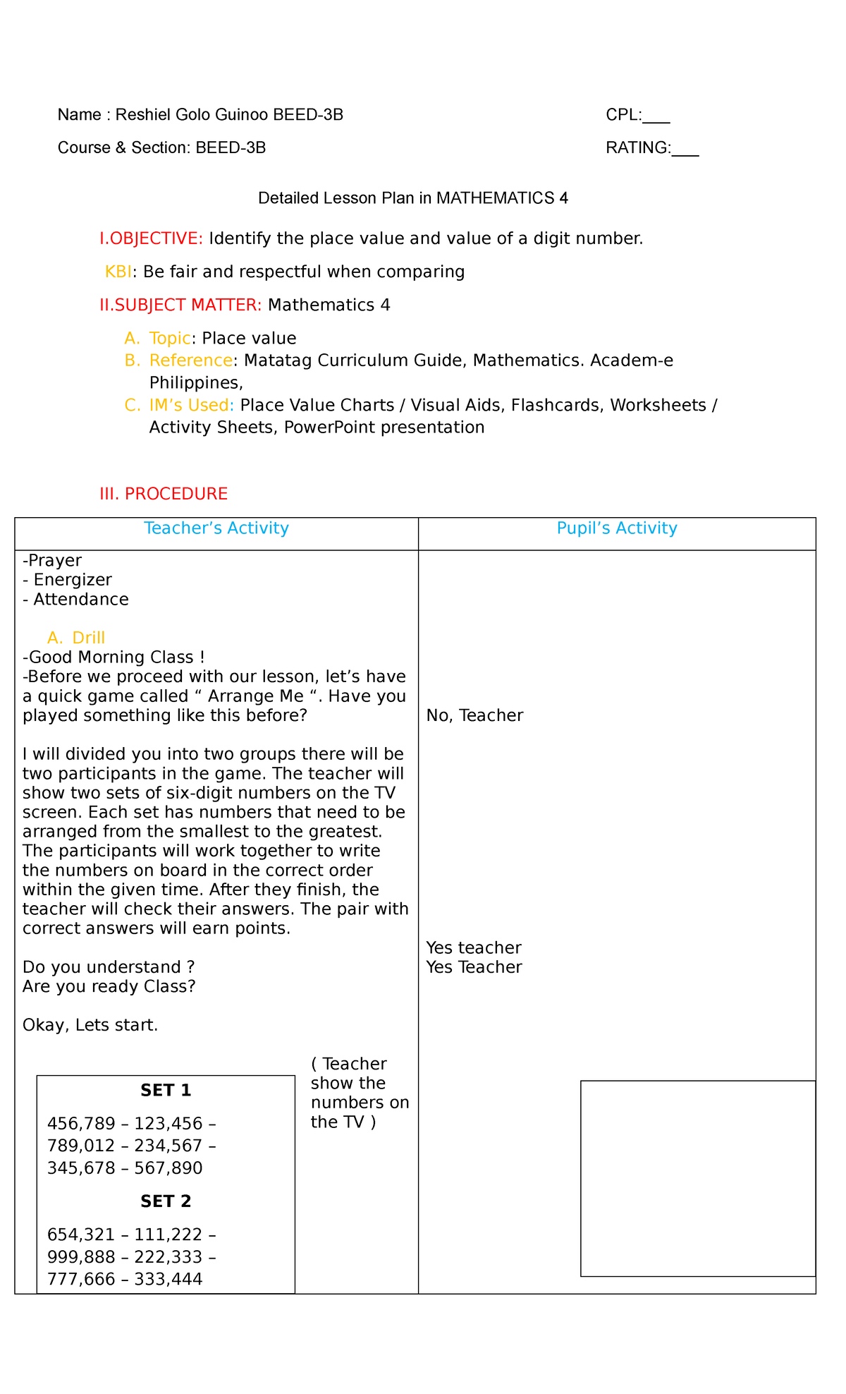 Detailed Lesson Plan in MATHEMATICS 4: Place Value Concepts - Studocu