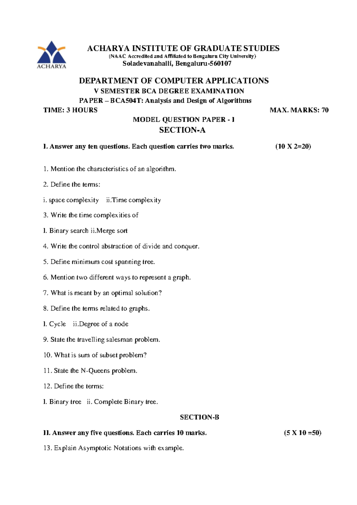 Model Question Paper: BCA504T - Design & Analysis of Algorithms - Studocu