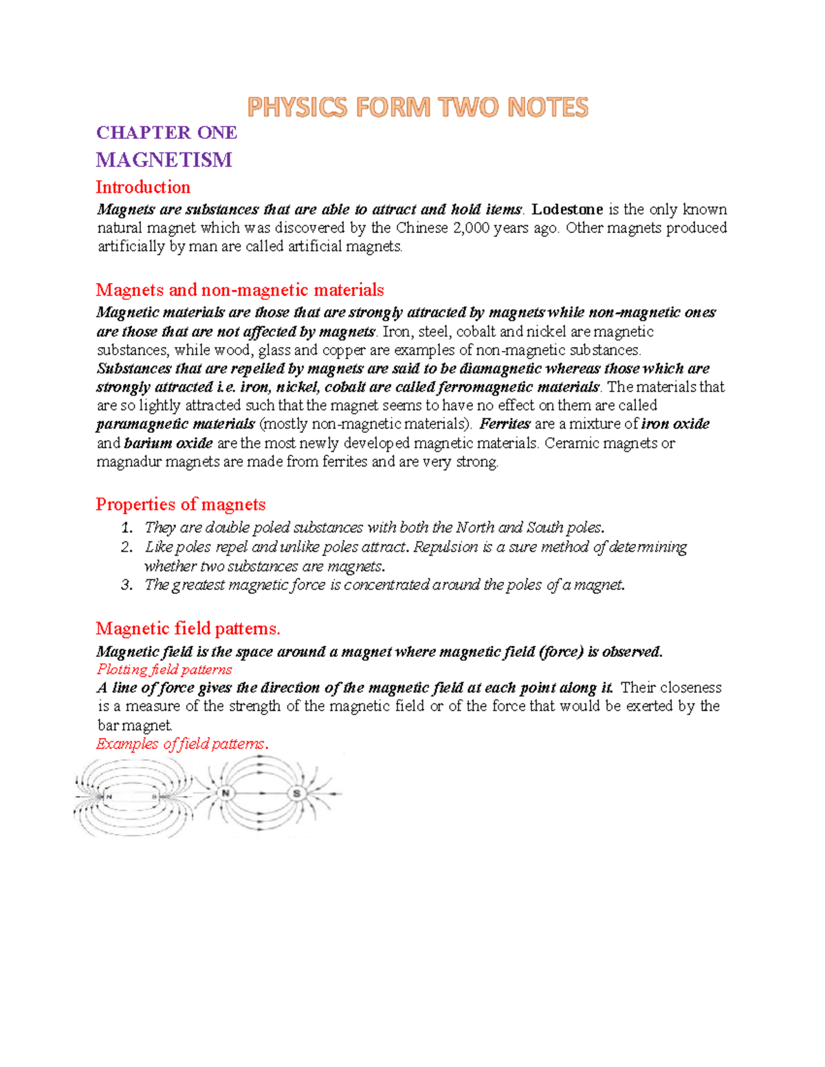 Physics form 2 notes - its adequate - CHAPTER ONE MAGNETISM ...