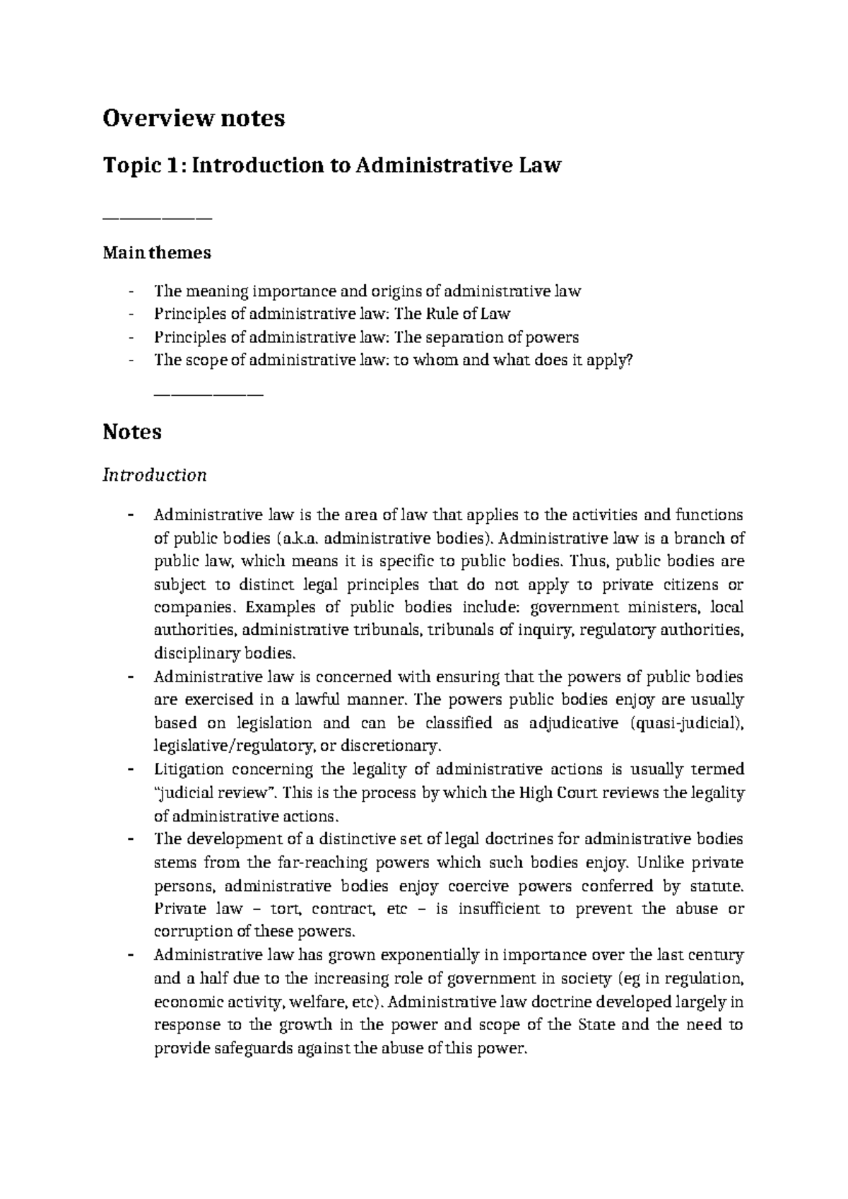 Introduction to Administrative Law Overview - Topic 1 Notes - Studocu
