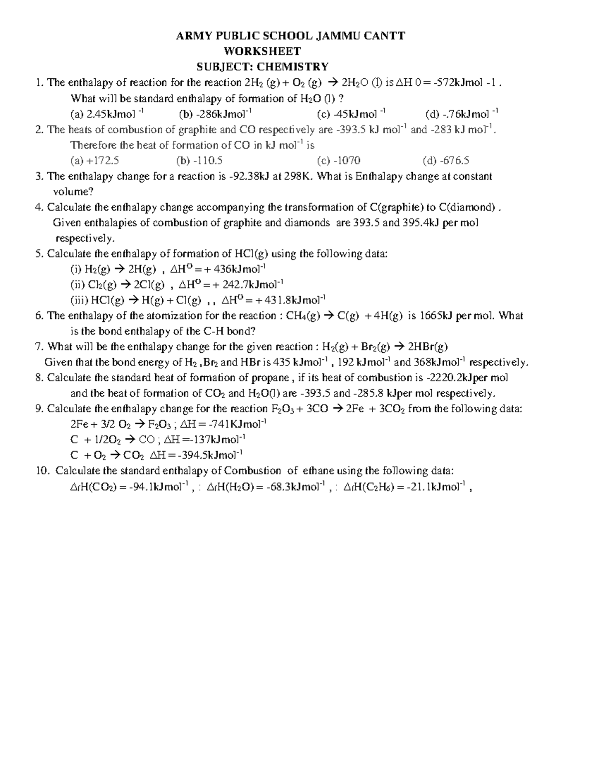 CHEMISTRY WORKSHEET: ENTHALPY CALCULATIONS - ARMY PUBLIC SCHOOL - Studocu