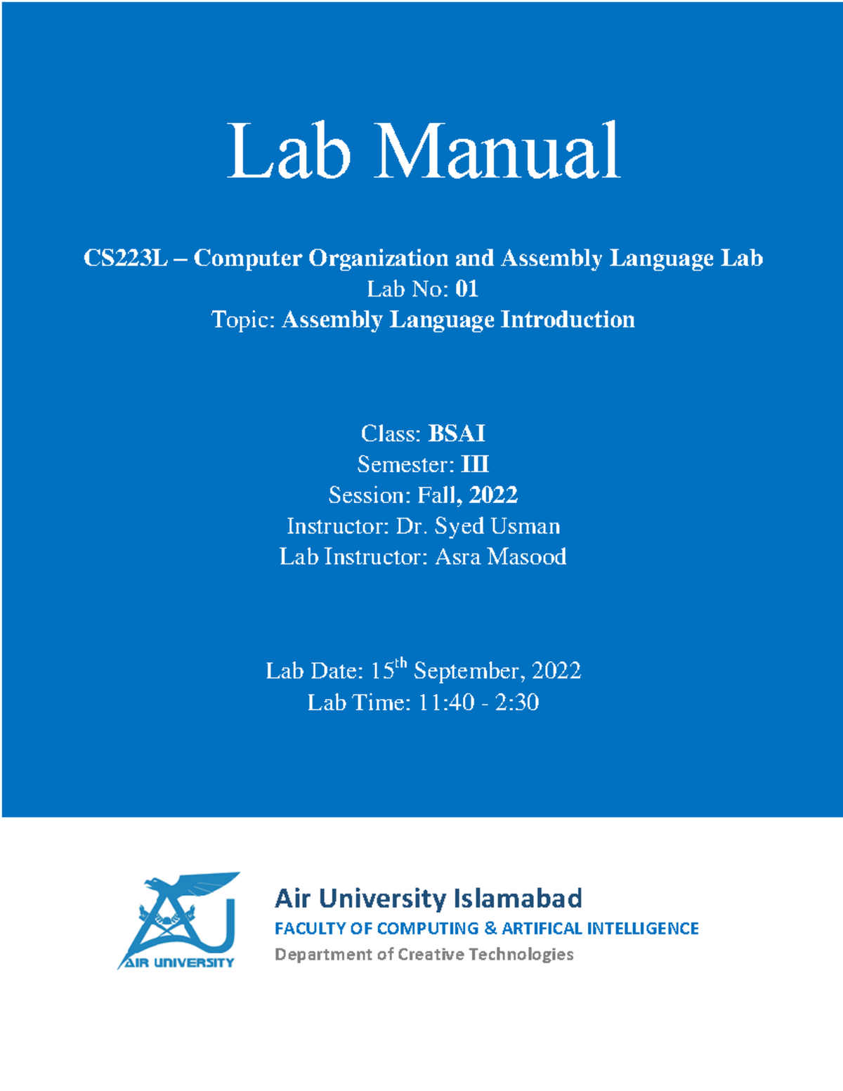 CS223L Lab Manual - W01 - Introduction to Assembly Language - Studocu