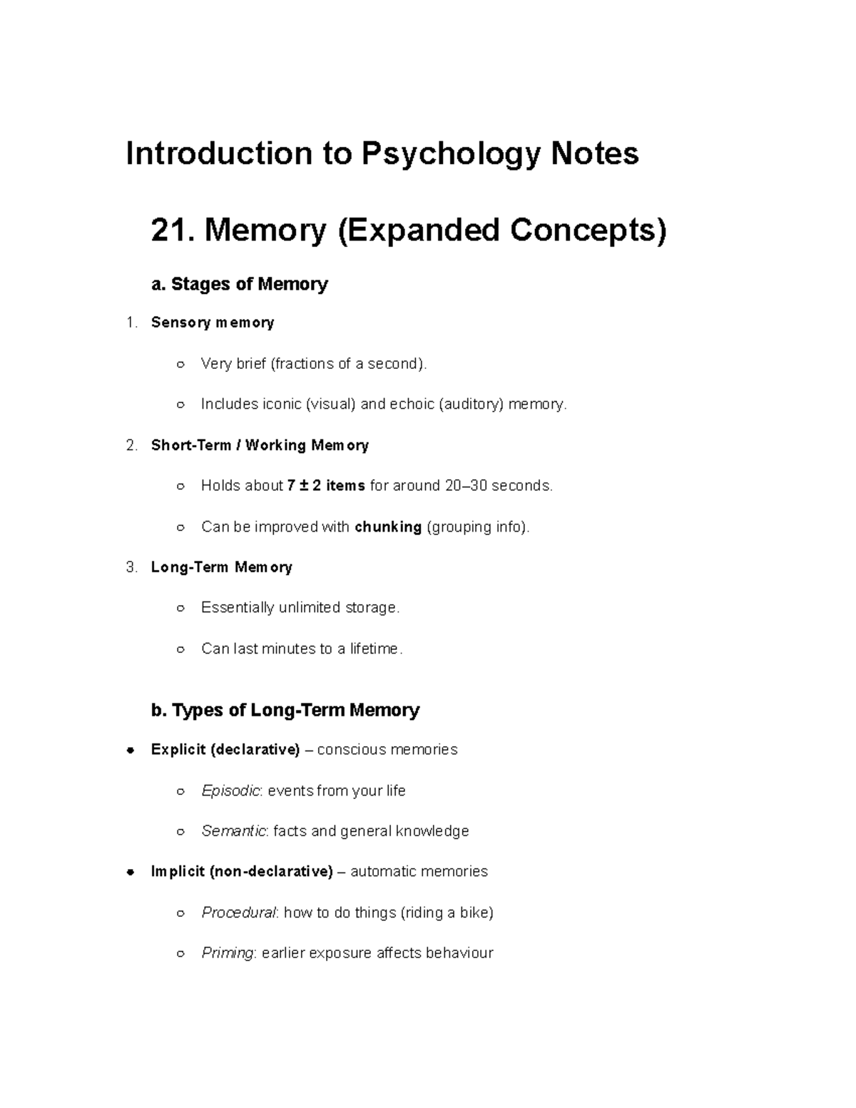 Introduction to Psychology Study Notes 12: Memory Concepts - Studocu