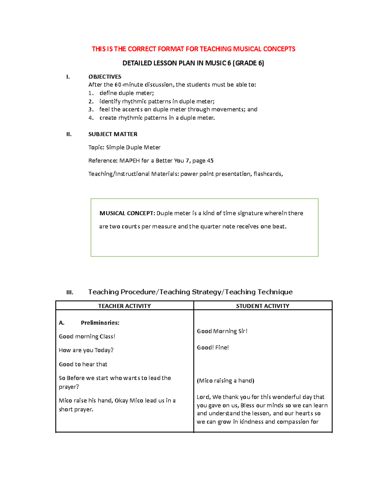 Lesson Plan for Teaching Duple Meter in Music 6 (Grade 6) - Studocu
