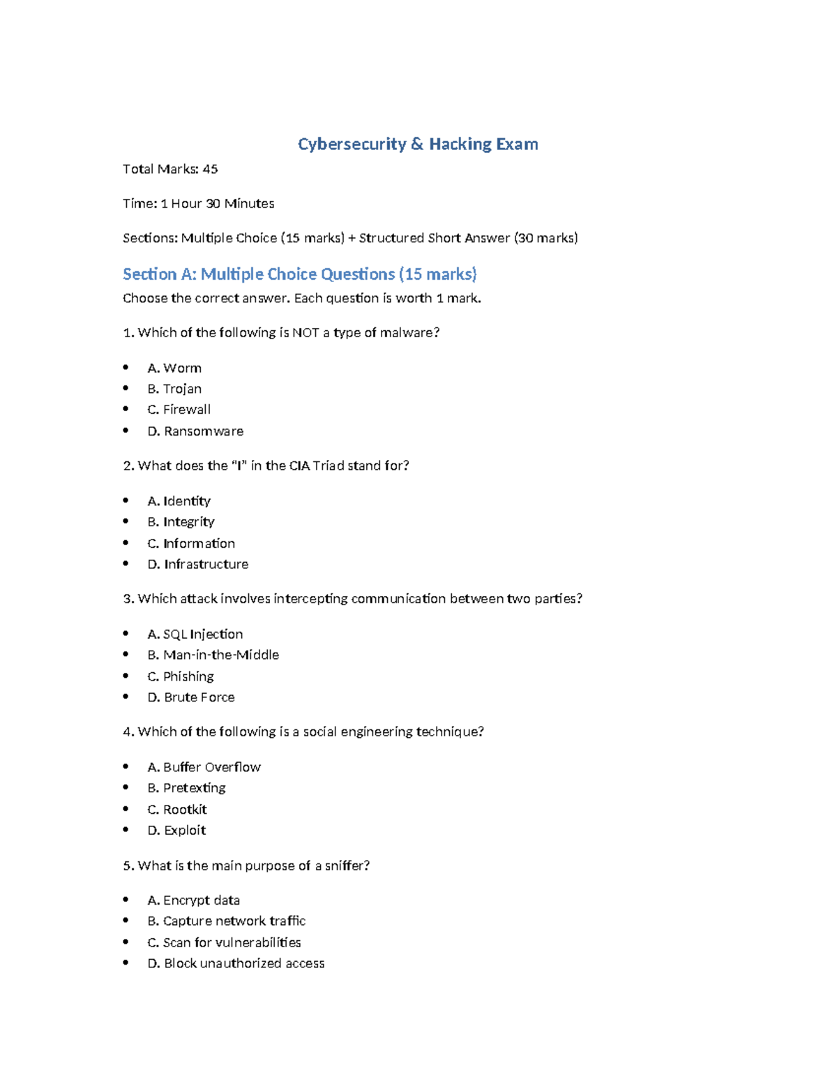 Cybersecurity Hacking Exam (Total Marks: 45) - MCQ & Short Answers ...