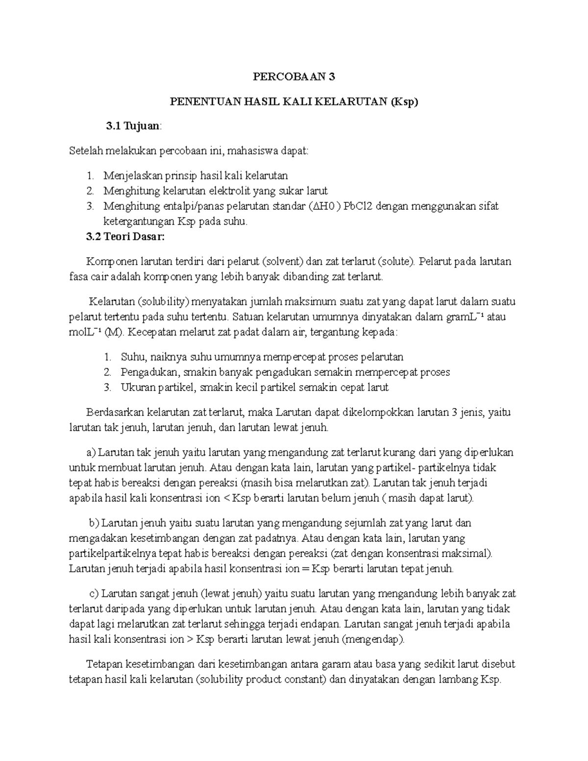 Jobsheet Penentuan Hasil KALI Kelarutan (Ksp) PbCl2 dan ΔH Pelarutan ...
