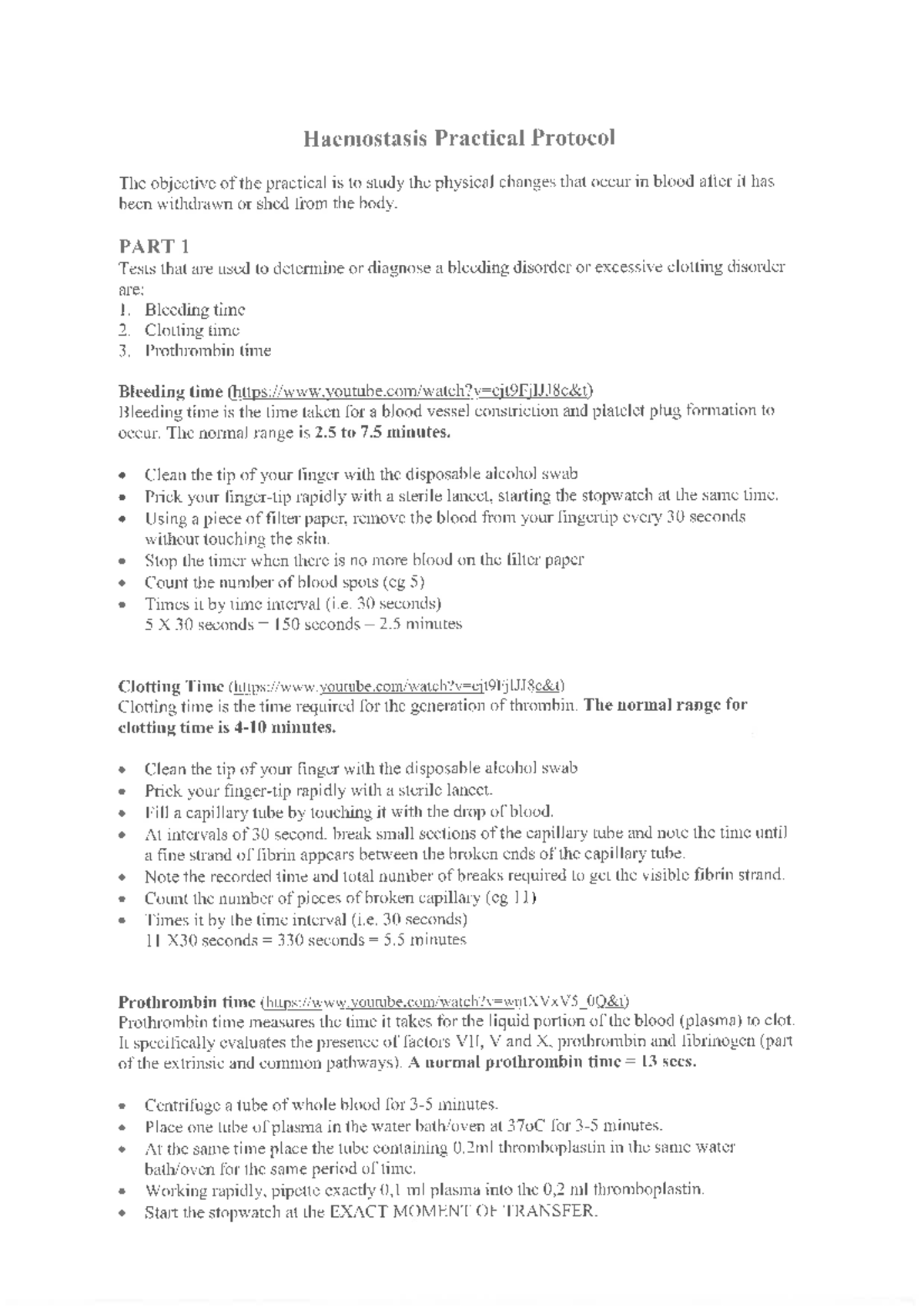 Haemostasis Practical Protocol: Blood Tests for Clotting Disorders ...