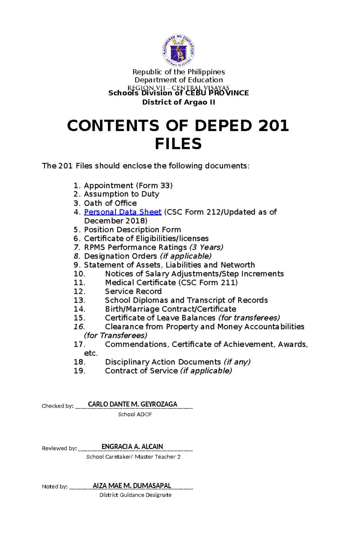 DepEd 201 Files Contents Overview & Documentation Checklist - Studocu