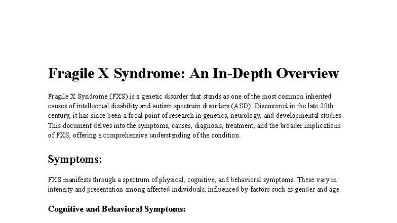 Fragile X Syndrome (FXS): Comprehensive Overview and Insights - Studocu