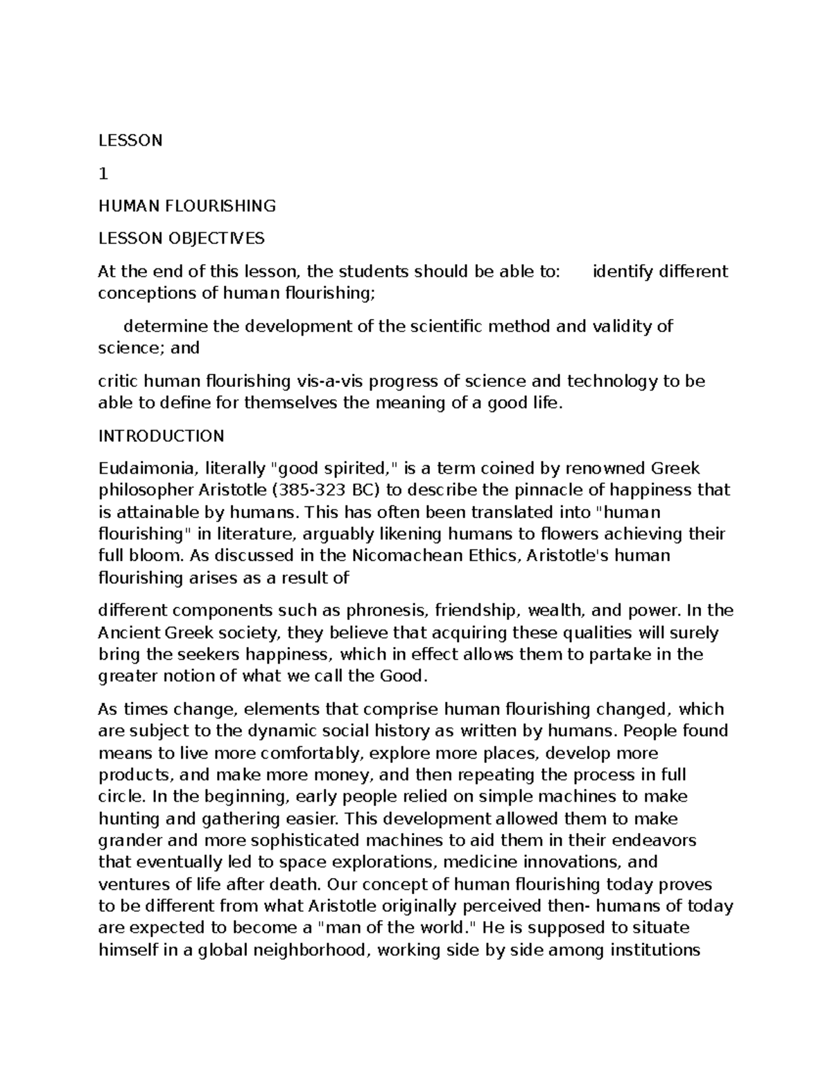 CHAP 2 LESSON 1: Human Flourishing and Its Modern Implications - Studocu