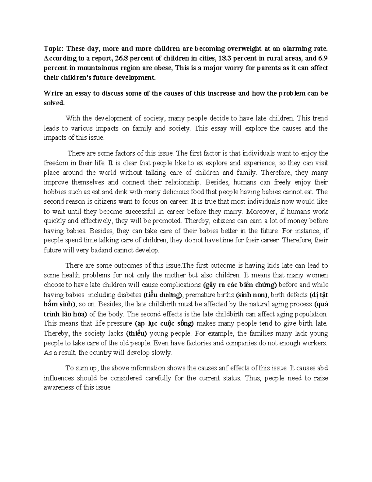 Essay on Causes and Effects of Late Childbirth - ENG 101 - Studocu