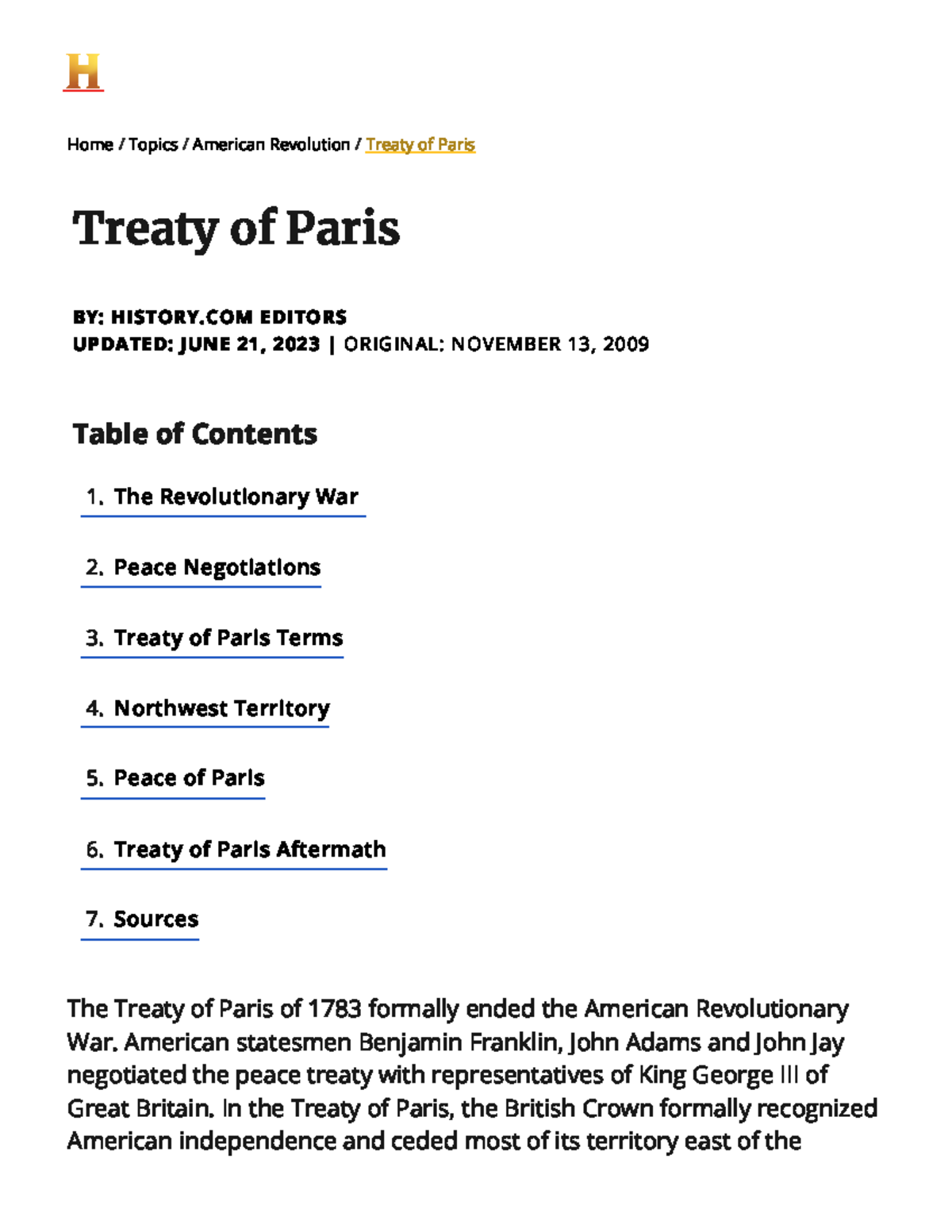 Treaty of Paris ‑ Definition, Date & Terms History - Table of Contents ...