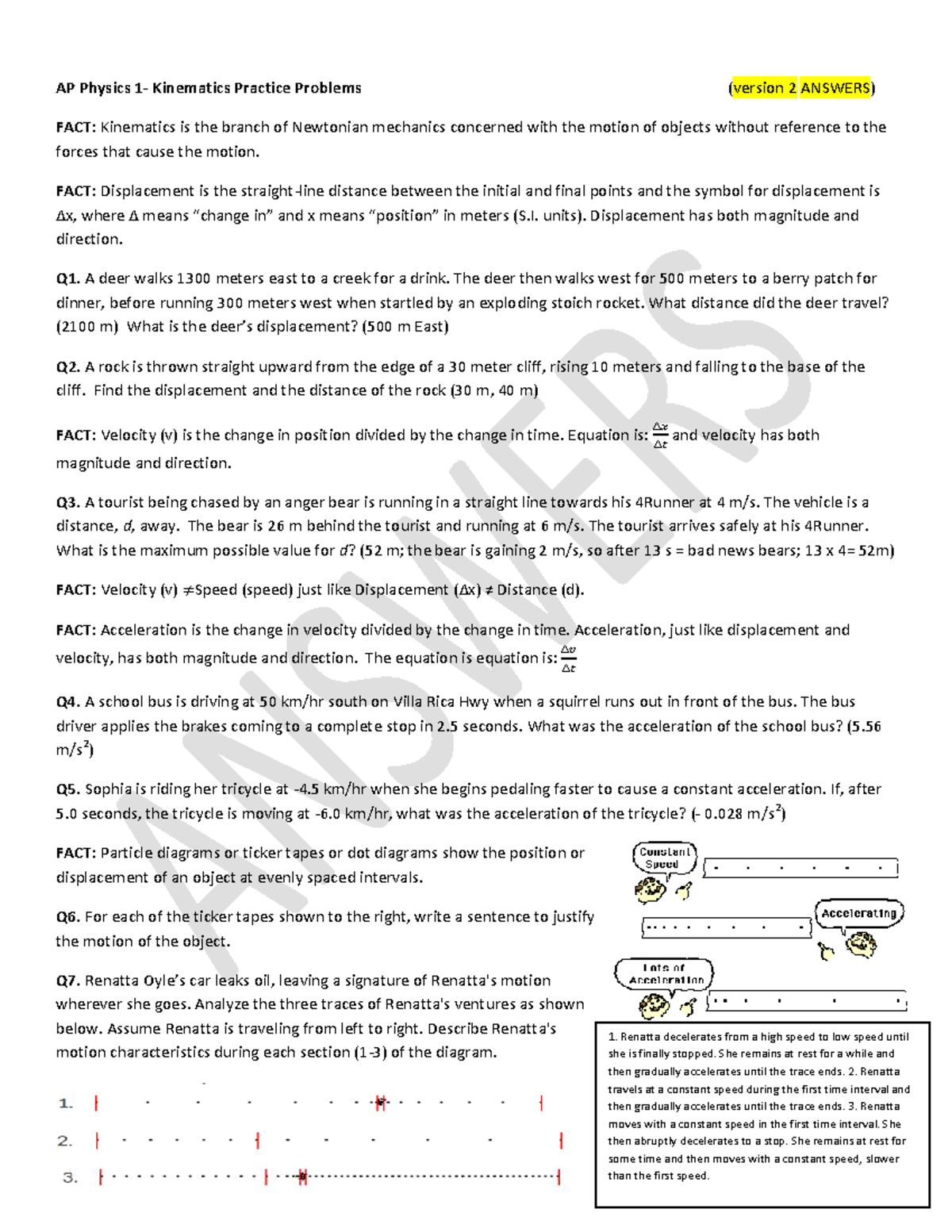AP Physics 2016 Kinematics Practice Questions (Version 2 ANSWERS) - Studocu