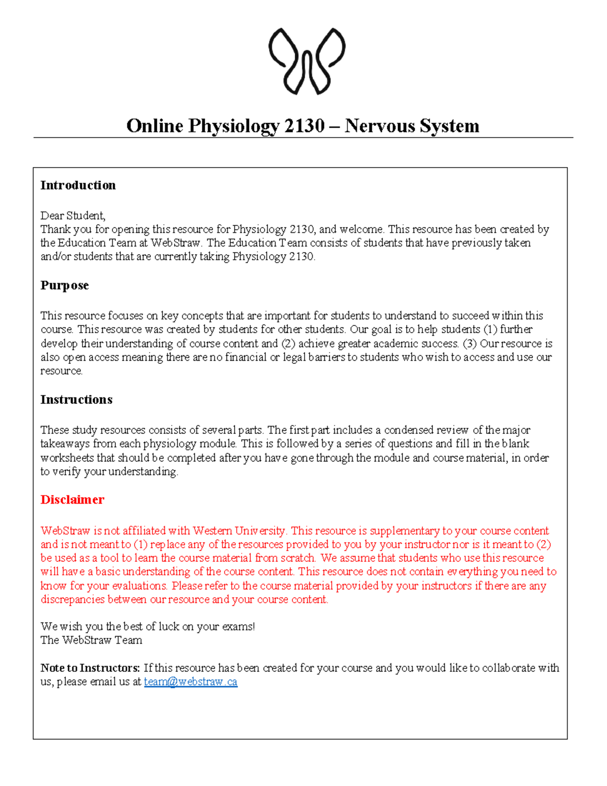 Physiology 2130 Nervous System Overview and Key Concepts - Studocu