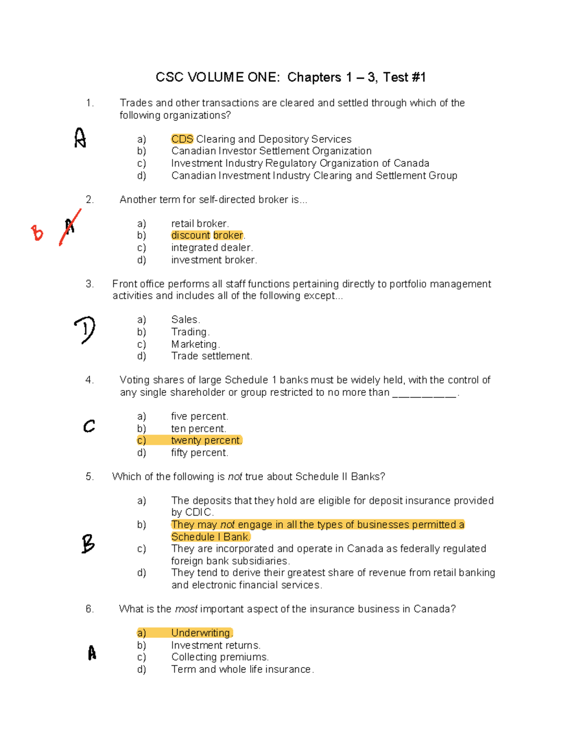 CSC Vol 1 Mock Test - Chapters 1 to 3 Overview and Answers - Studocu