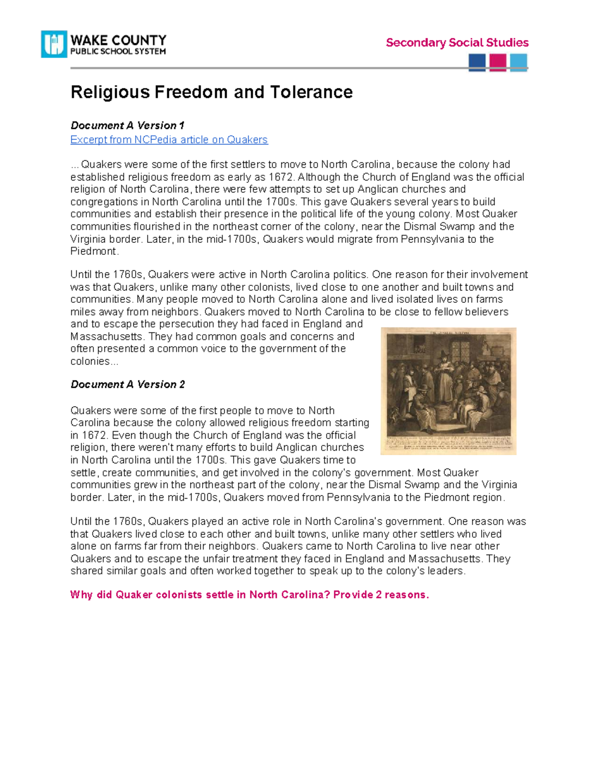 Quaker Religious Freedom & Tolerance in Colonial NC: A Study Guide ...