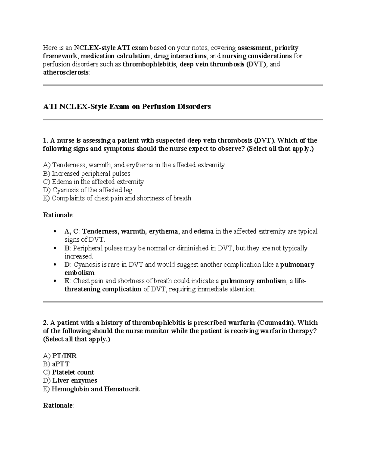 ATI NCLEX Exam 2: Perfusion Disorders & Nursing Considerations - Studocu