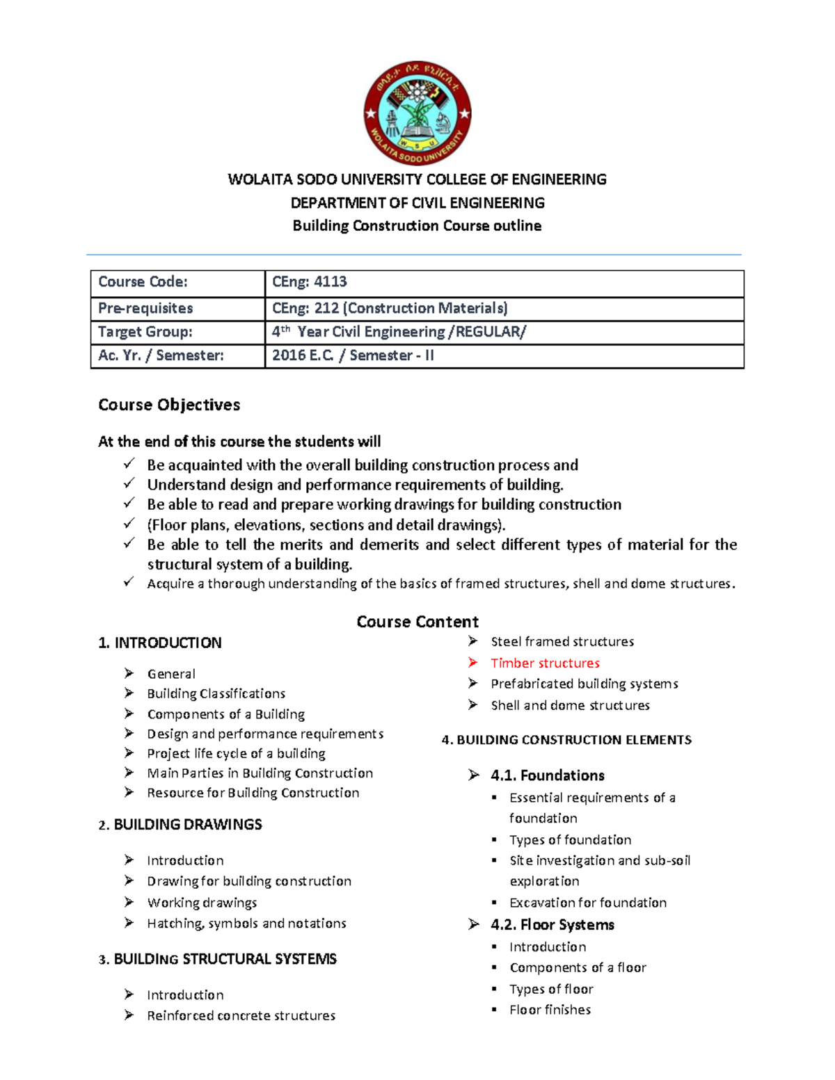 Building Construction Course outline Revised - WOLAITA SODO UNIVERSITY ...