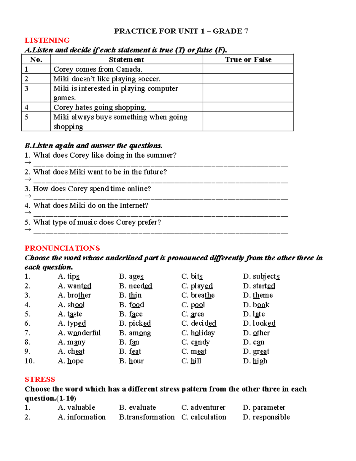 PRACTICE FOR UNIT 1 GRADE 7 LISTENING (Global Success) - Studocu