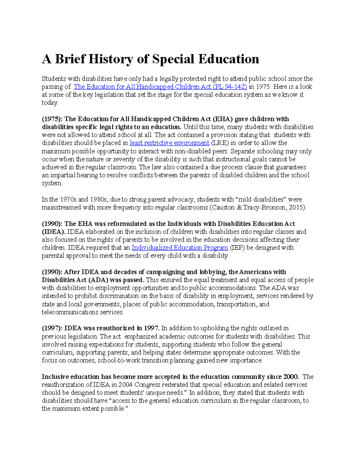 A Historical Overview of Special Education Legislation and Impact - Studocu