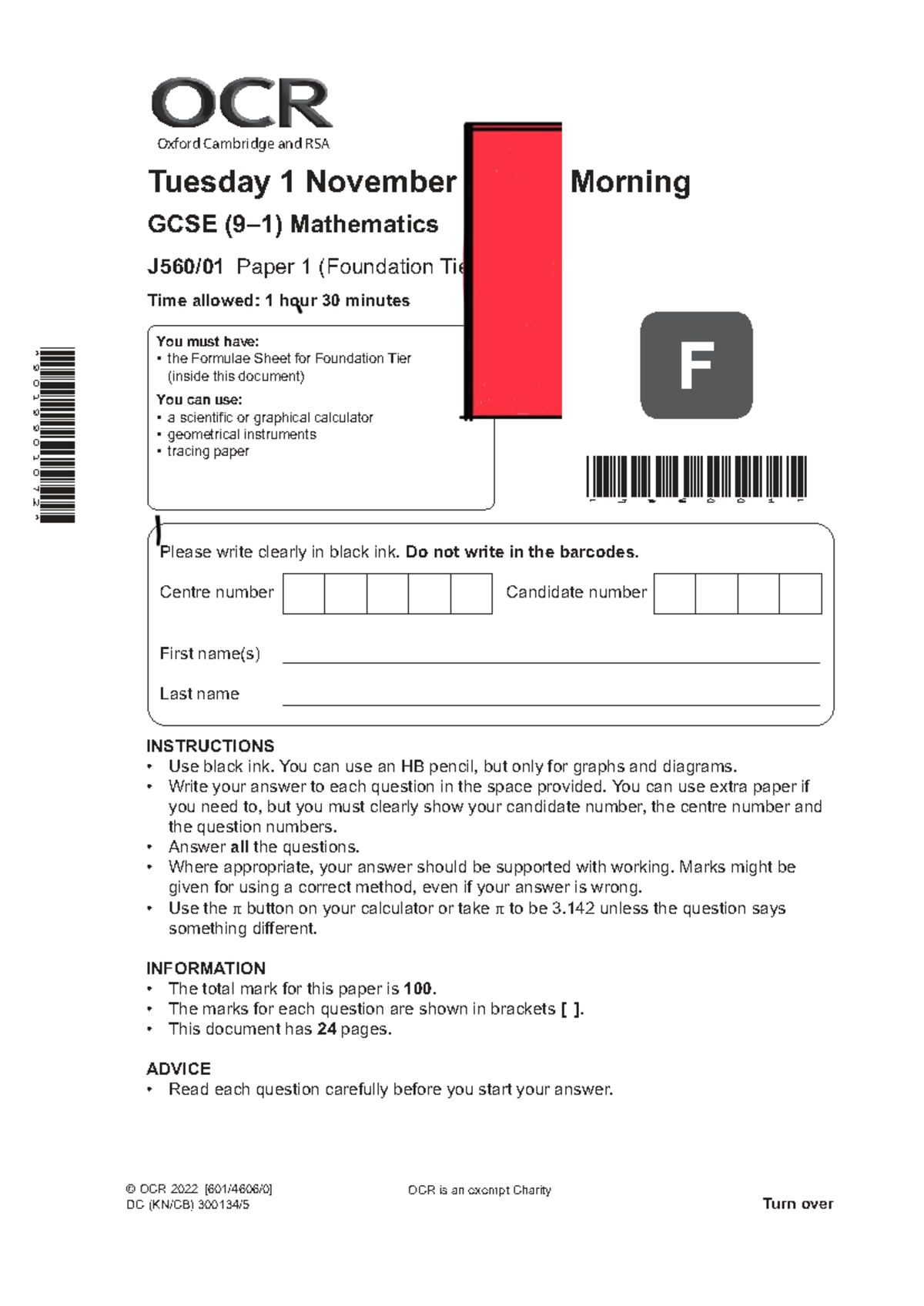 GCSE Mathematics Paper 1 (Foundation Tier) - November 2022 Exam - Studocu