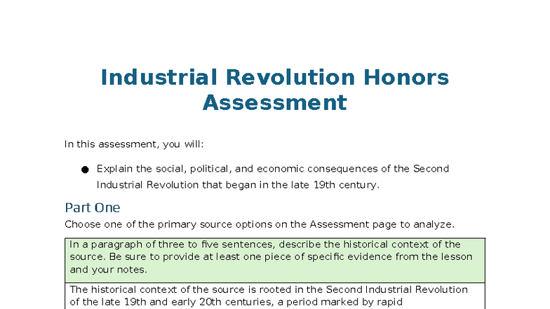 Industrial Revolution Honors Assessment: Social & Economic Impacts ...