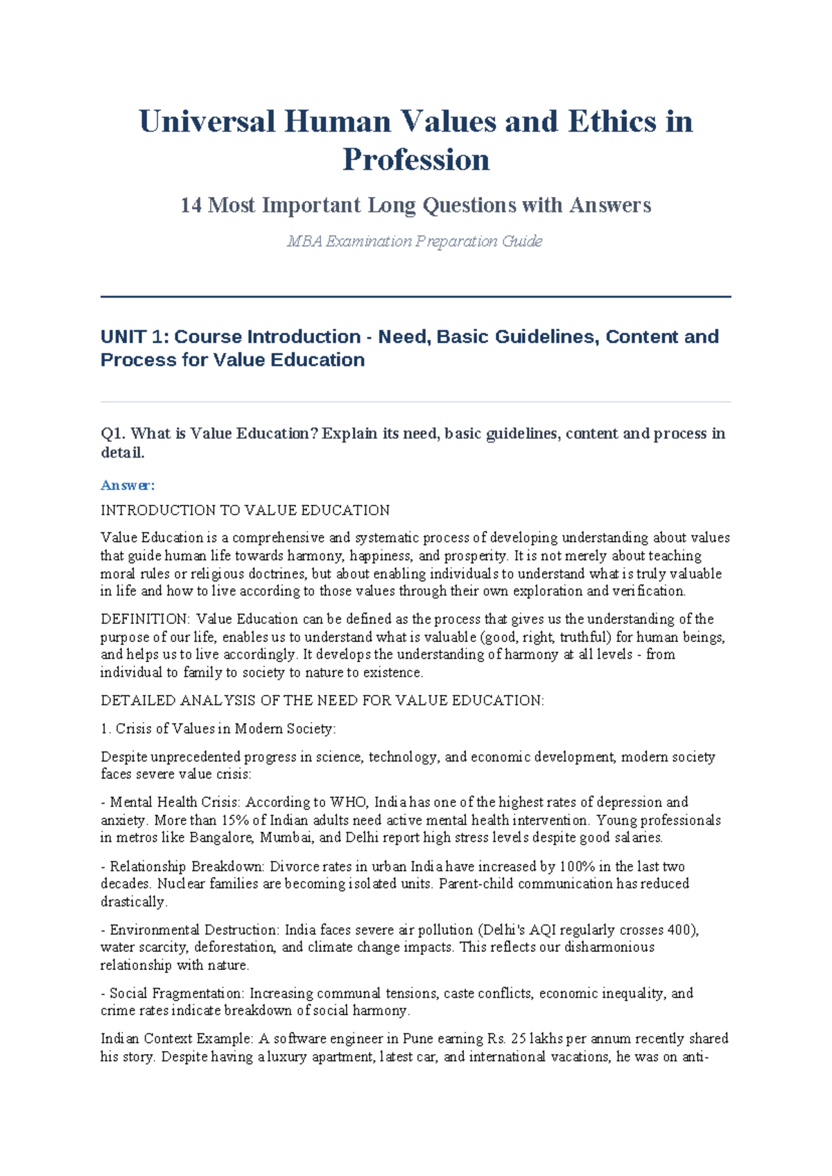 UHV 101: Key Long Questions & Answers for MBA Exam Prep - Studocu