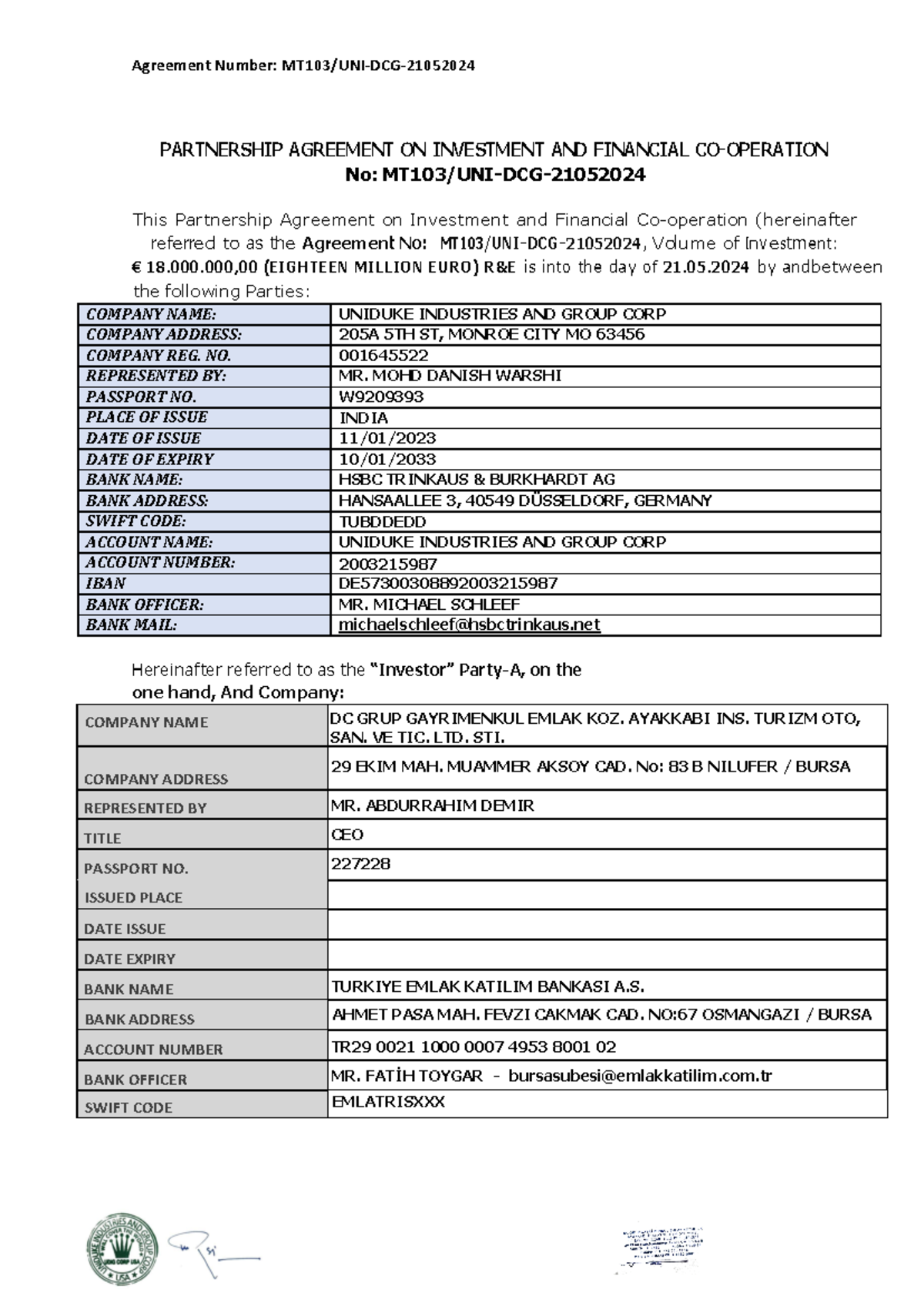 Partnership Agreement on Investment - Uniduke & HSBC (MT103/UNI-DCG ...