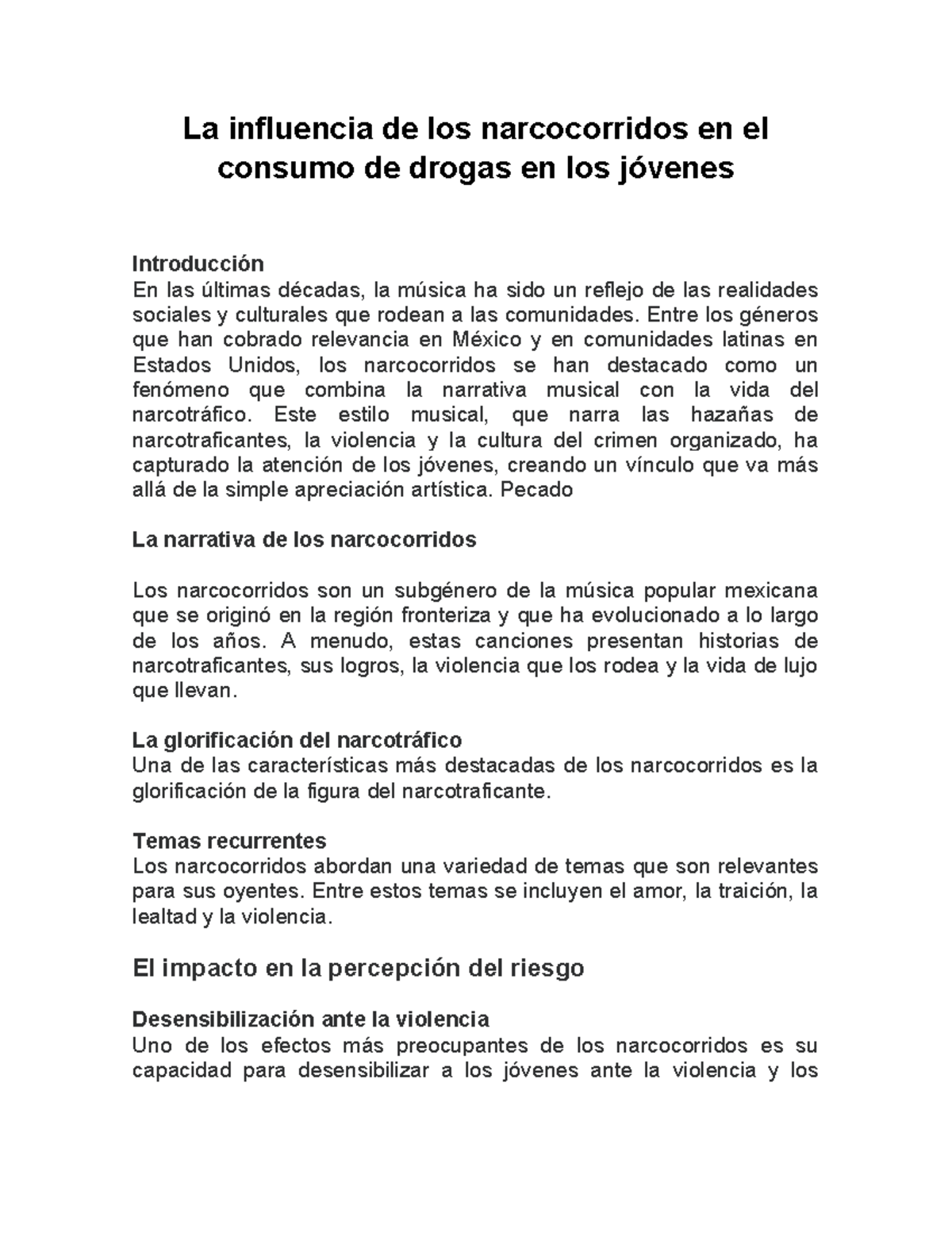 La influencia de los narcocorridos en el consumo de drogas en jóvenes ...