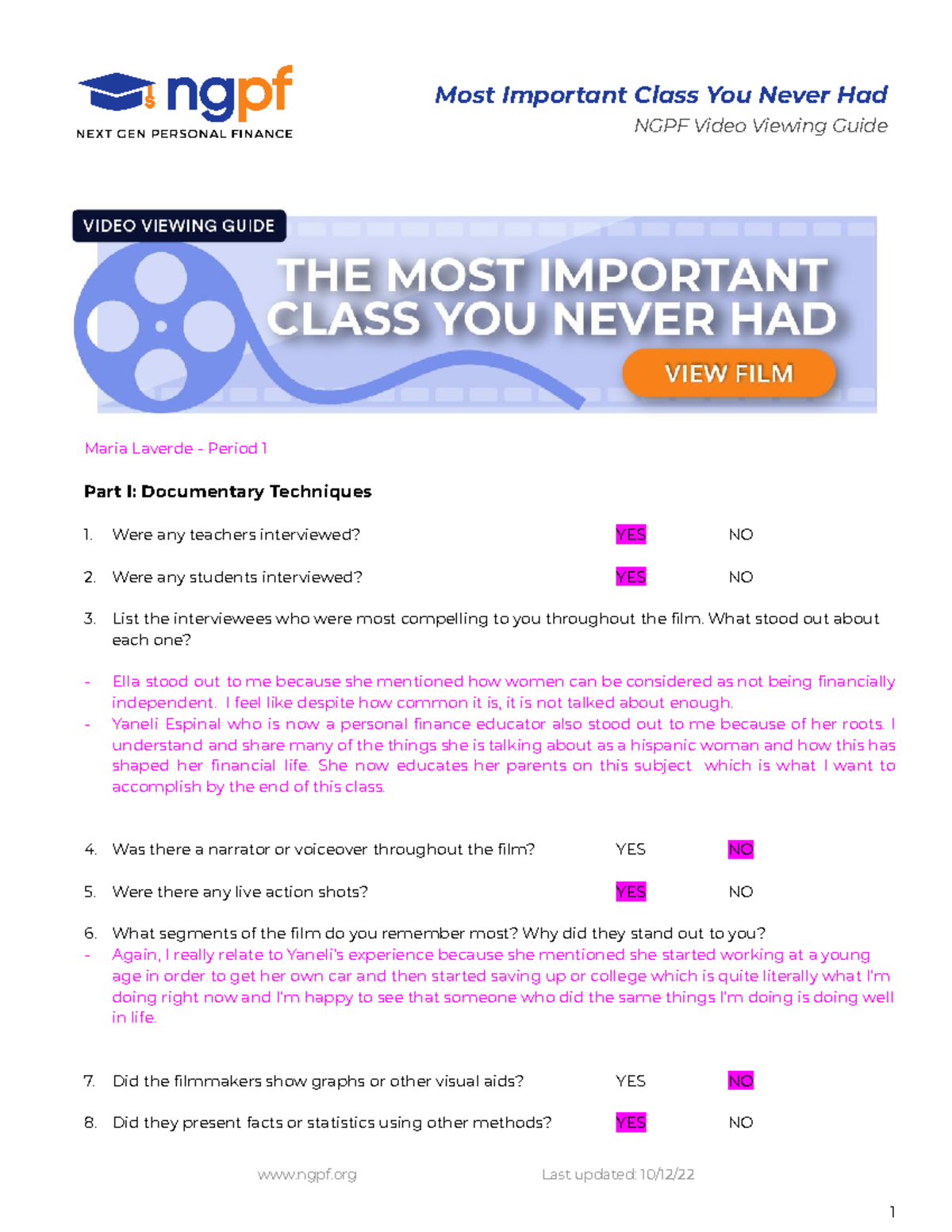 NGPF Document Viewing Guide: The Most Important Class Film Worksheet ...