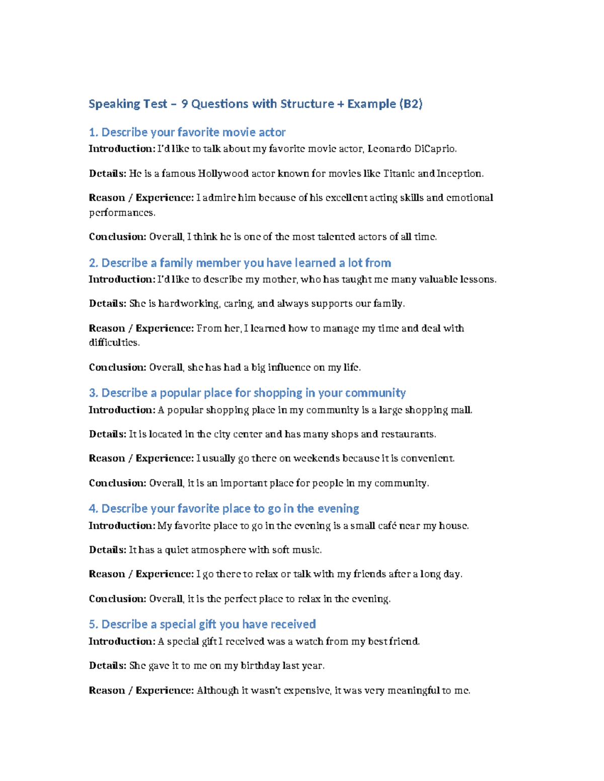 Speaking Test B2: 9 Questions with Structure & Examples - Studocu