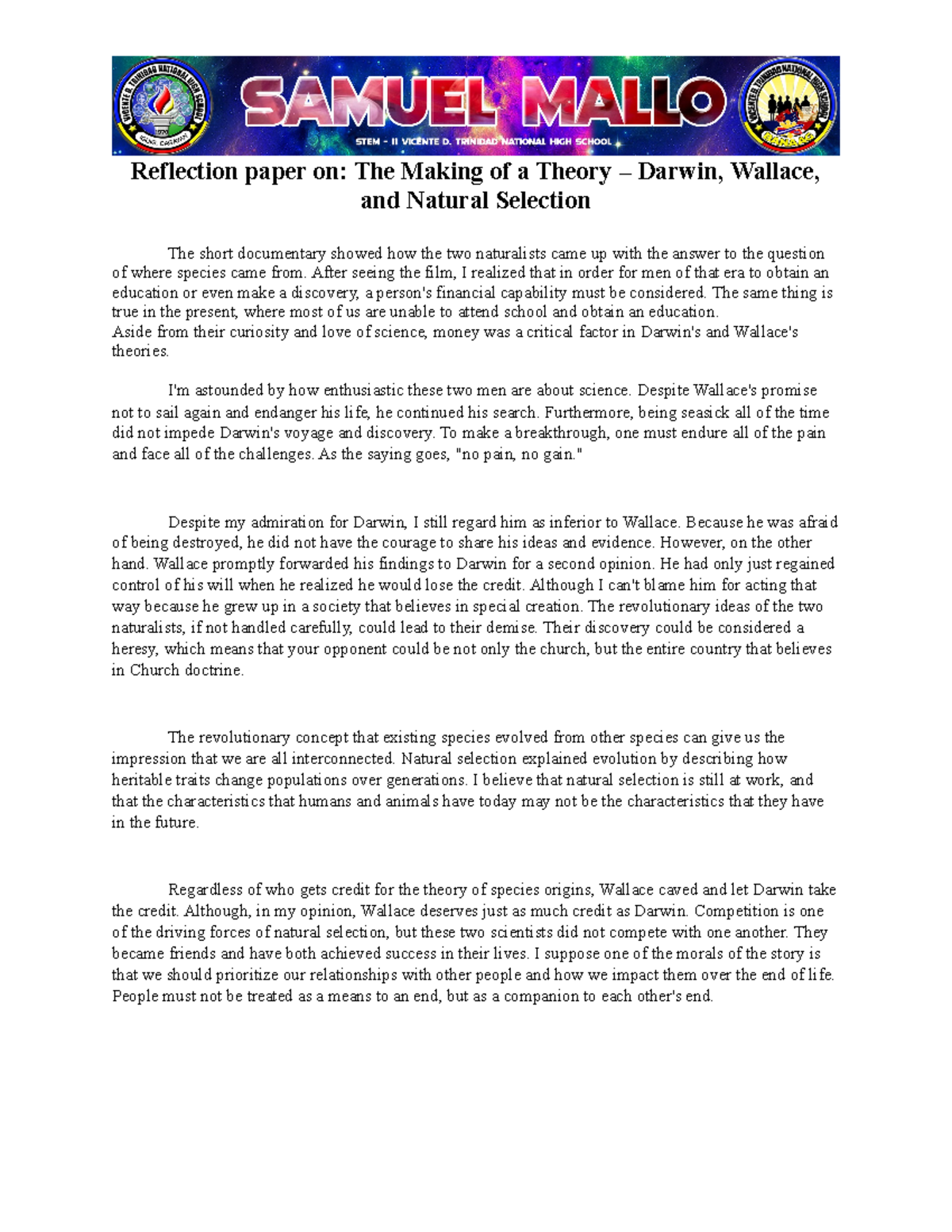 Reflection Paper: Darwin, Wallace, and Natural Selection Insights - Studocu