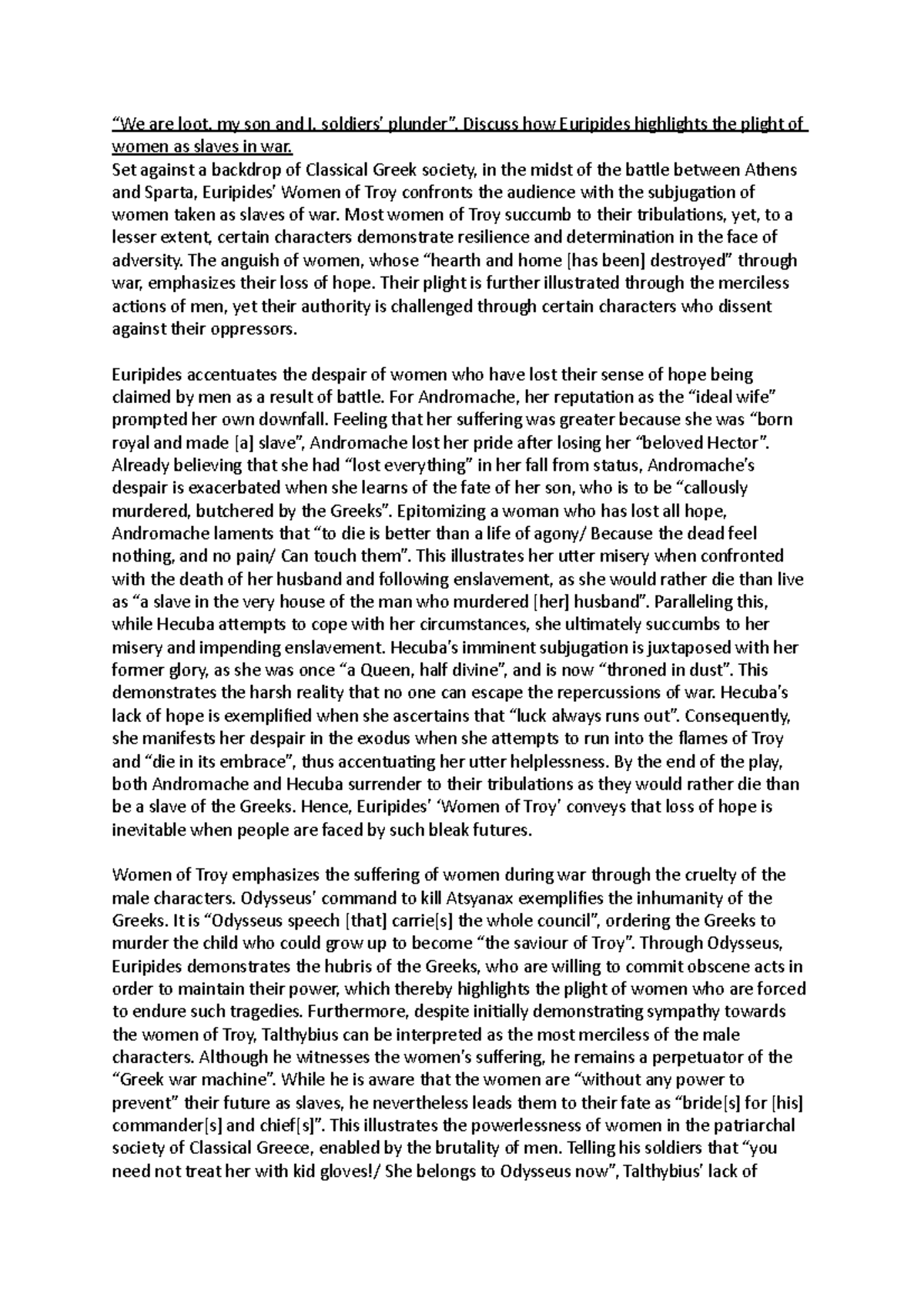 ENG 201: Euripides' 'Women of Troy' - Analyzing Women's Plight in War ...