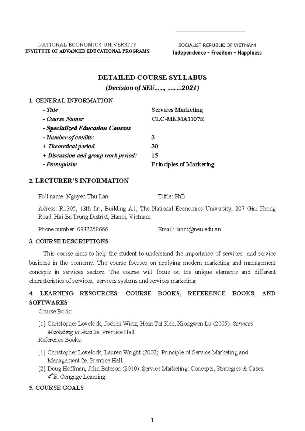 CLC-MKMA1107E. Services marketing - NATIONAL ECONOMICS UNIVERSITY ...