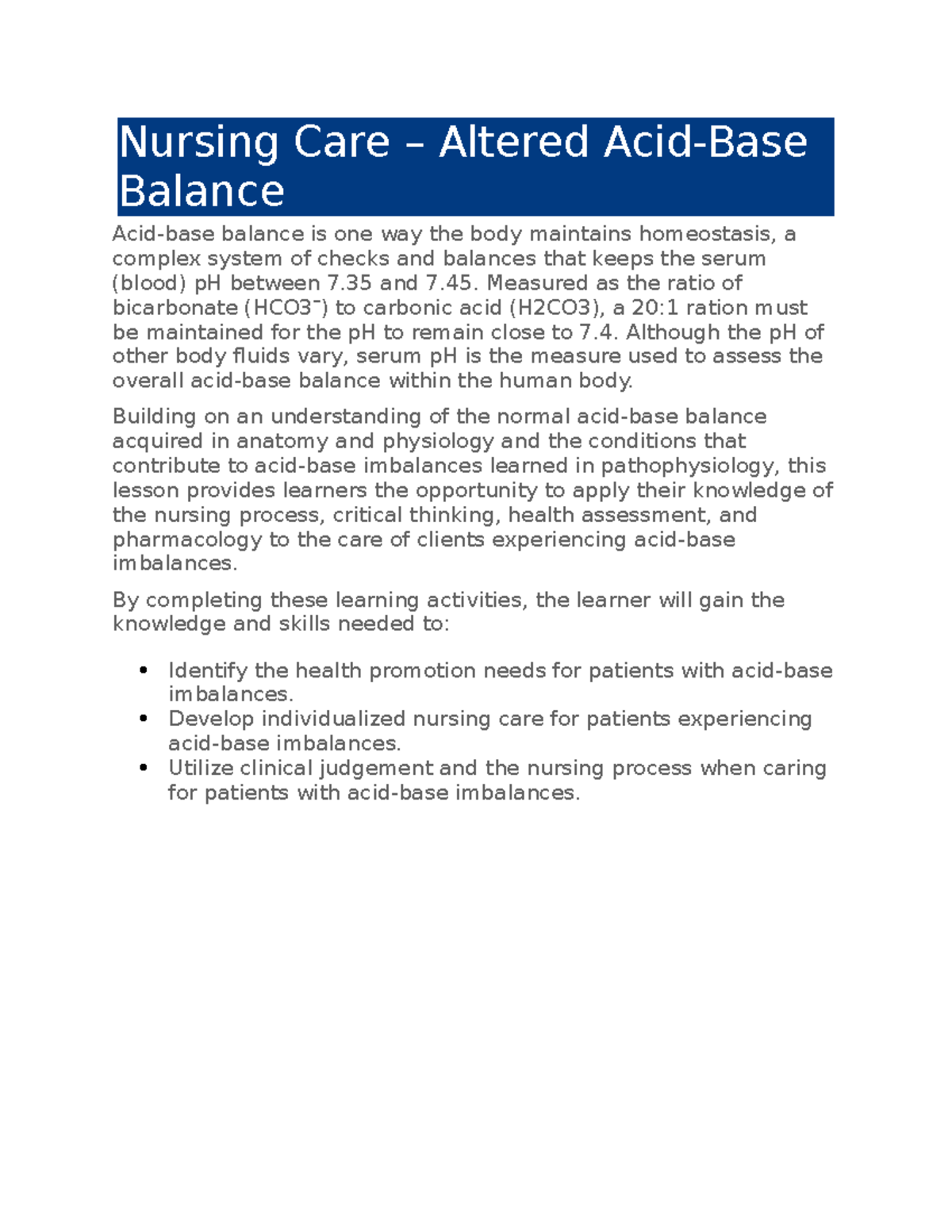 Altered Acid- Base Balance -Edapt week 1 - Nursing Care – Altered Acid ...