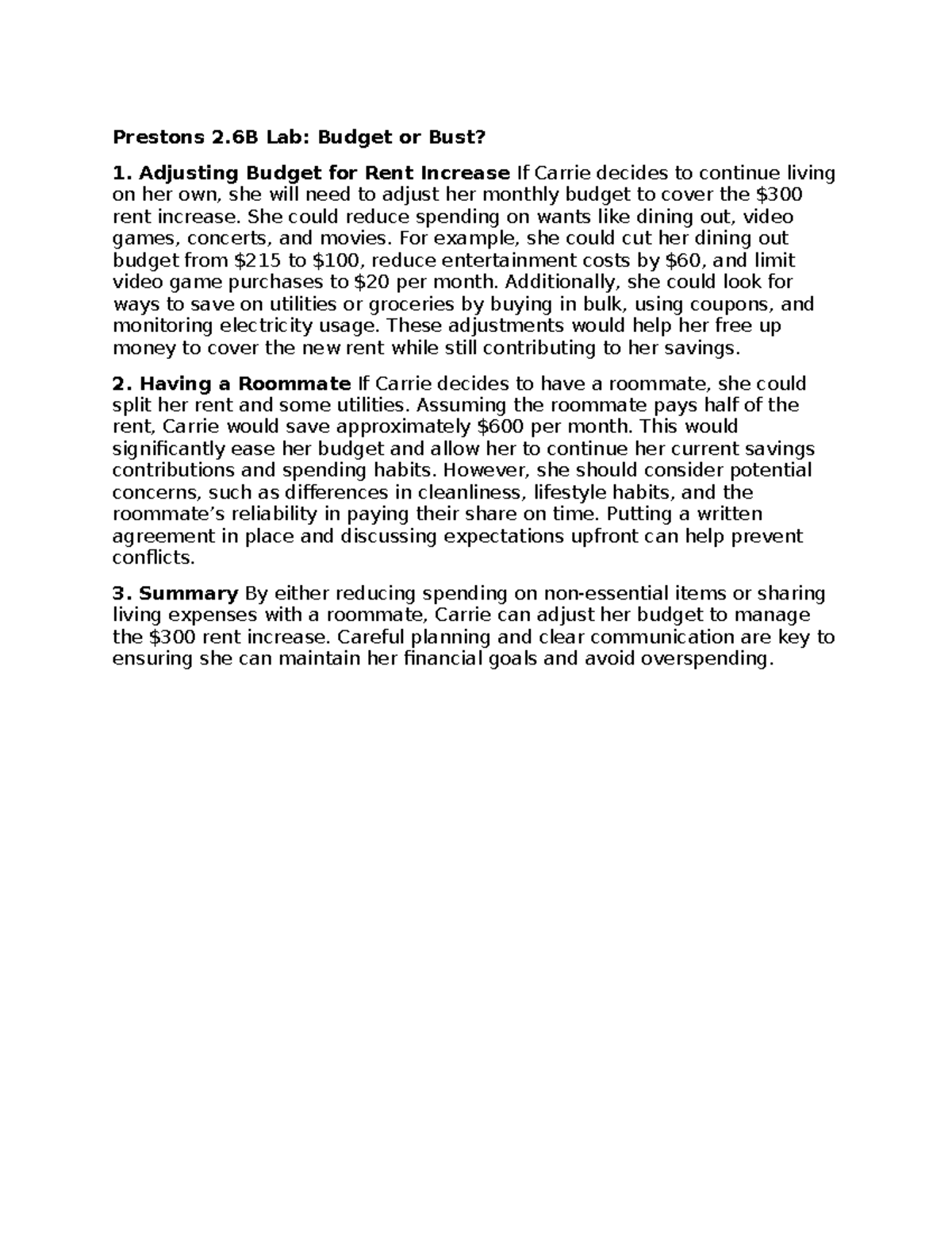 Preston's 2.6B Lab: Adjusting Budget for Rent Increase - Studocu