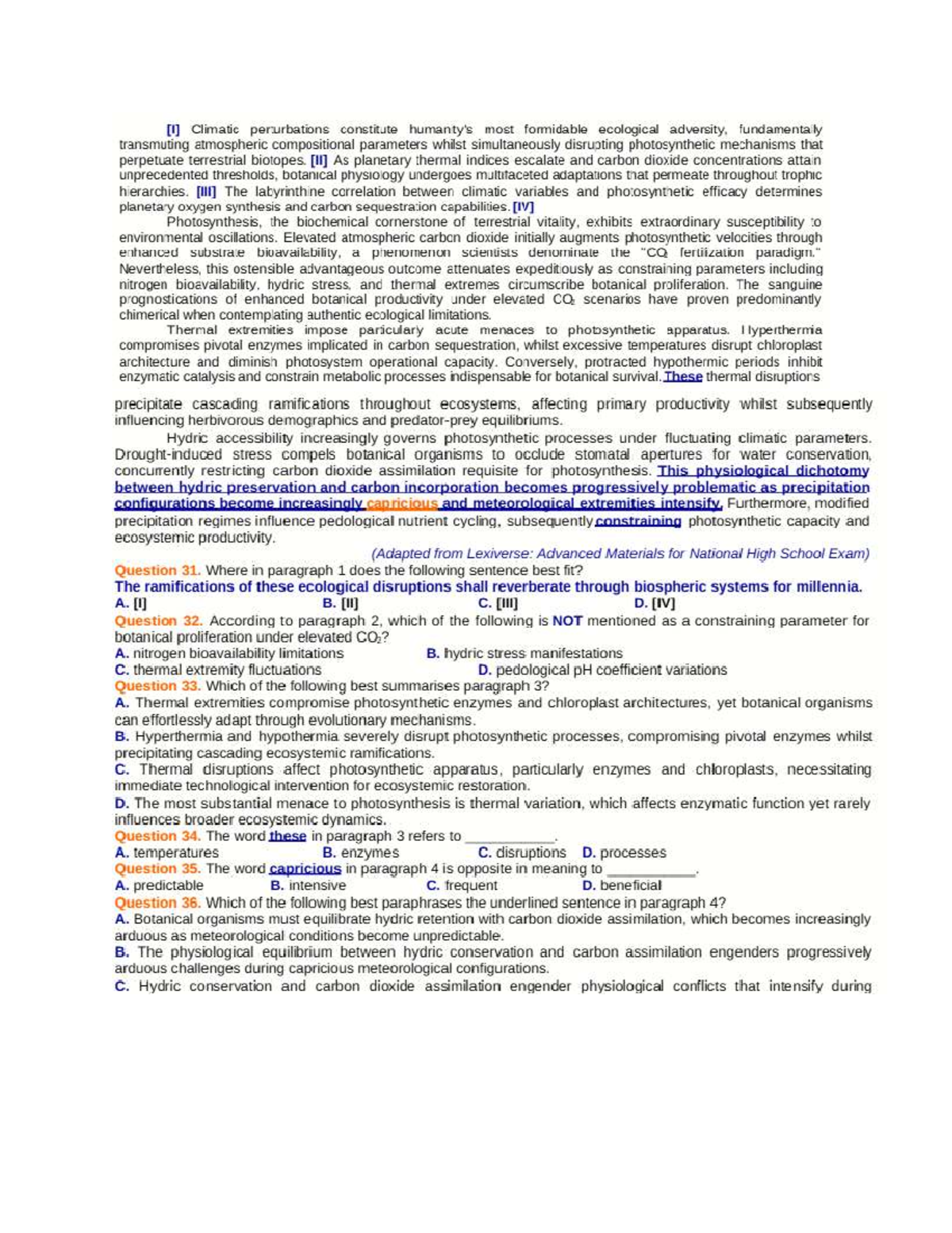 Ecological Impacts of Climate Change on Photosynthesis: 1234C5D67B8910 ...