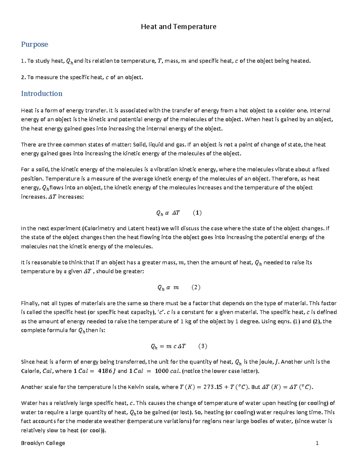 Lab #8 Phys-1005: Exploring Heat and Temperature Relationships - Studocu