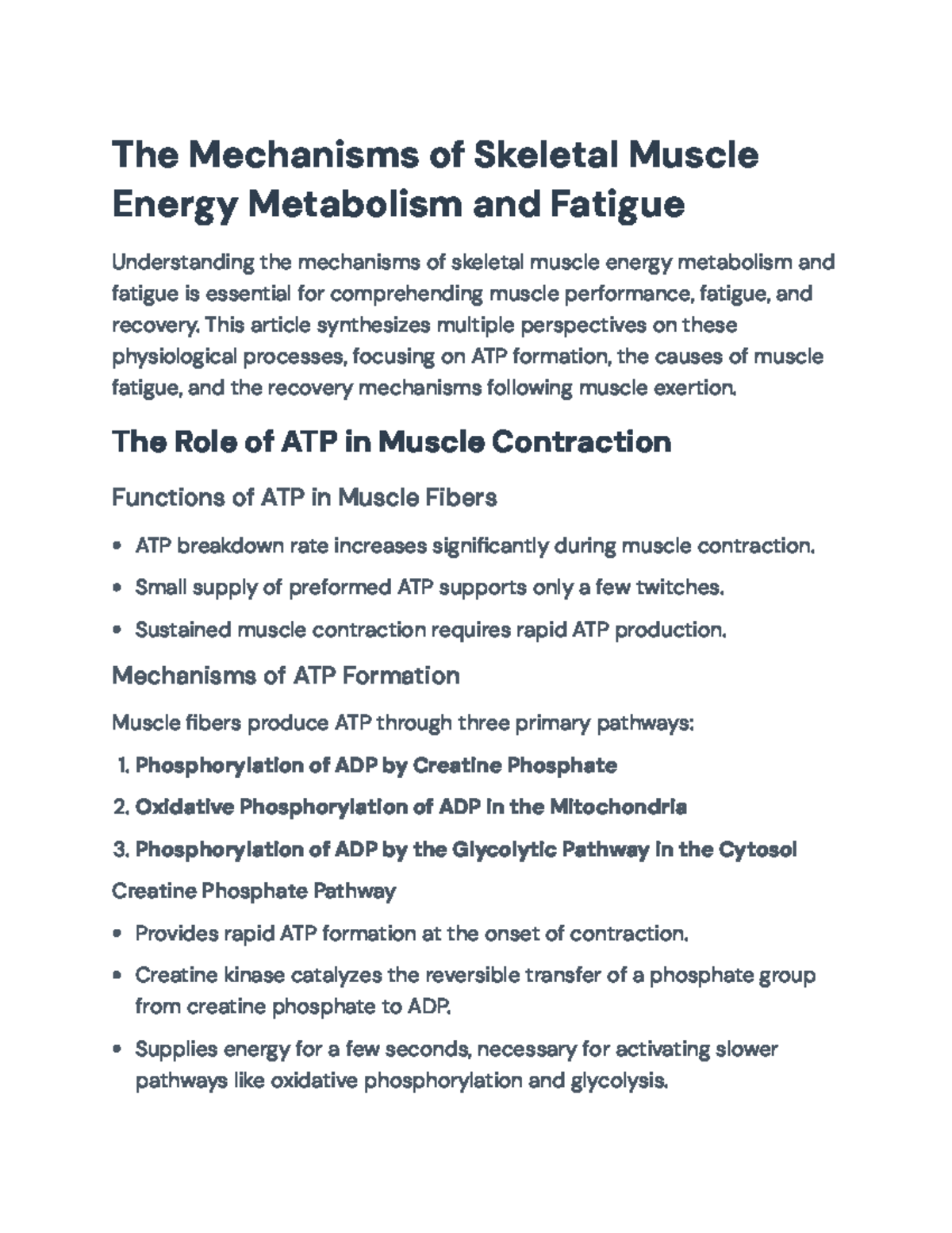 Skeletal Muscle Metabolism and Fatigue: Mechanisms and Recovery ...
