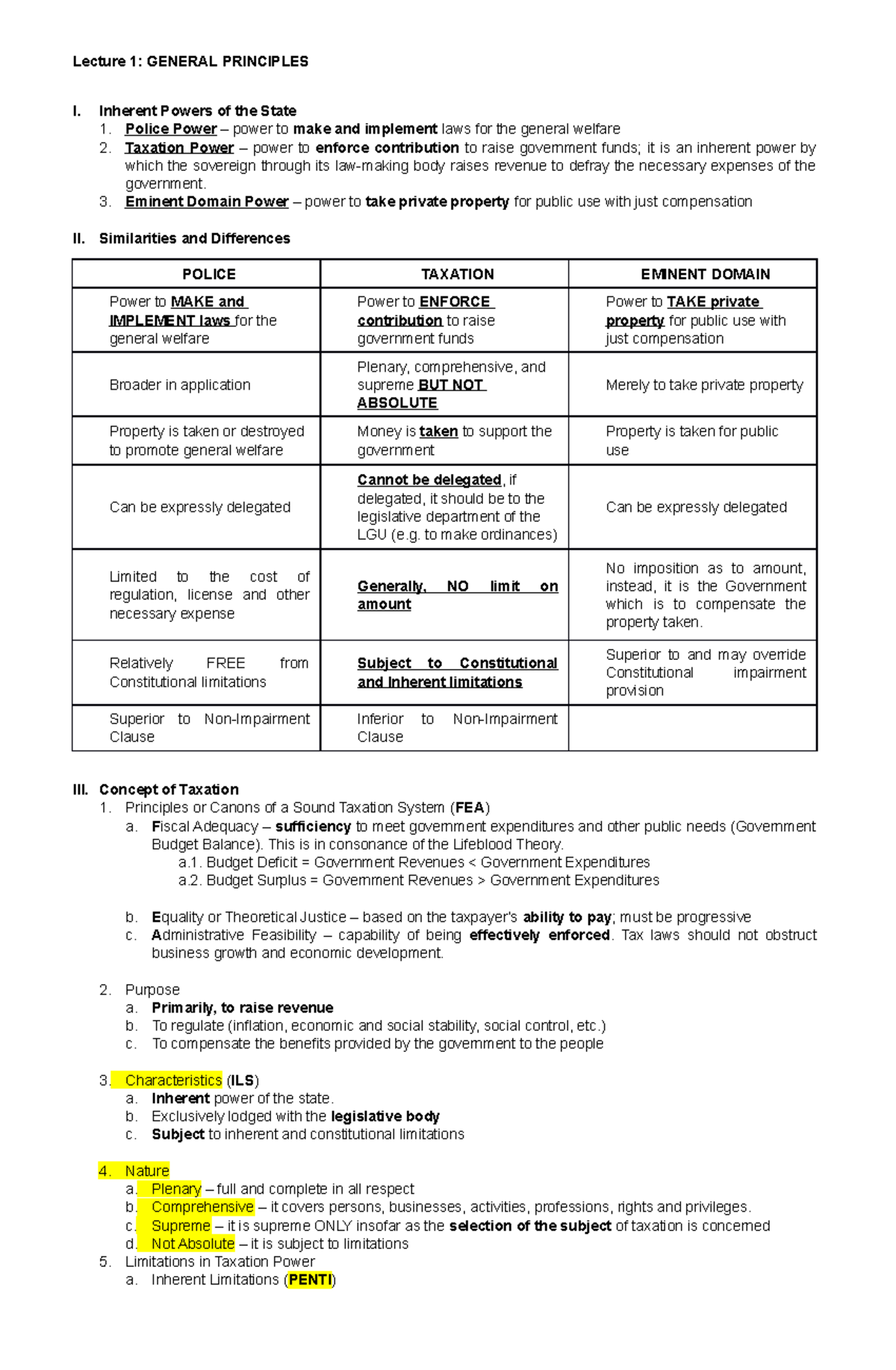 Lecture 1 - General Principles of Taxation - I. Inherent Powers of the ...