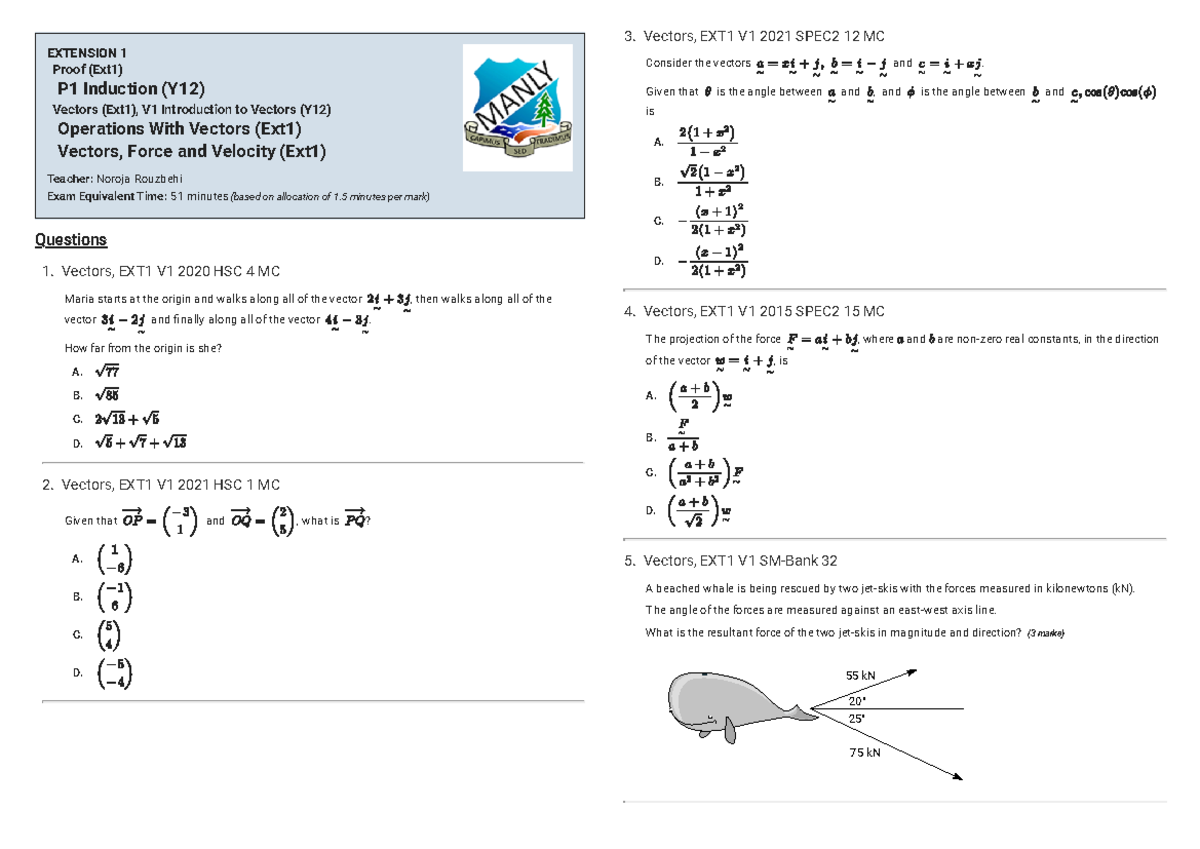 Y12xt1 Induction-Vectors Questions & Answers - 1. Vectors, EXT1 V1 2020 ...