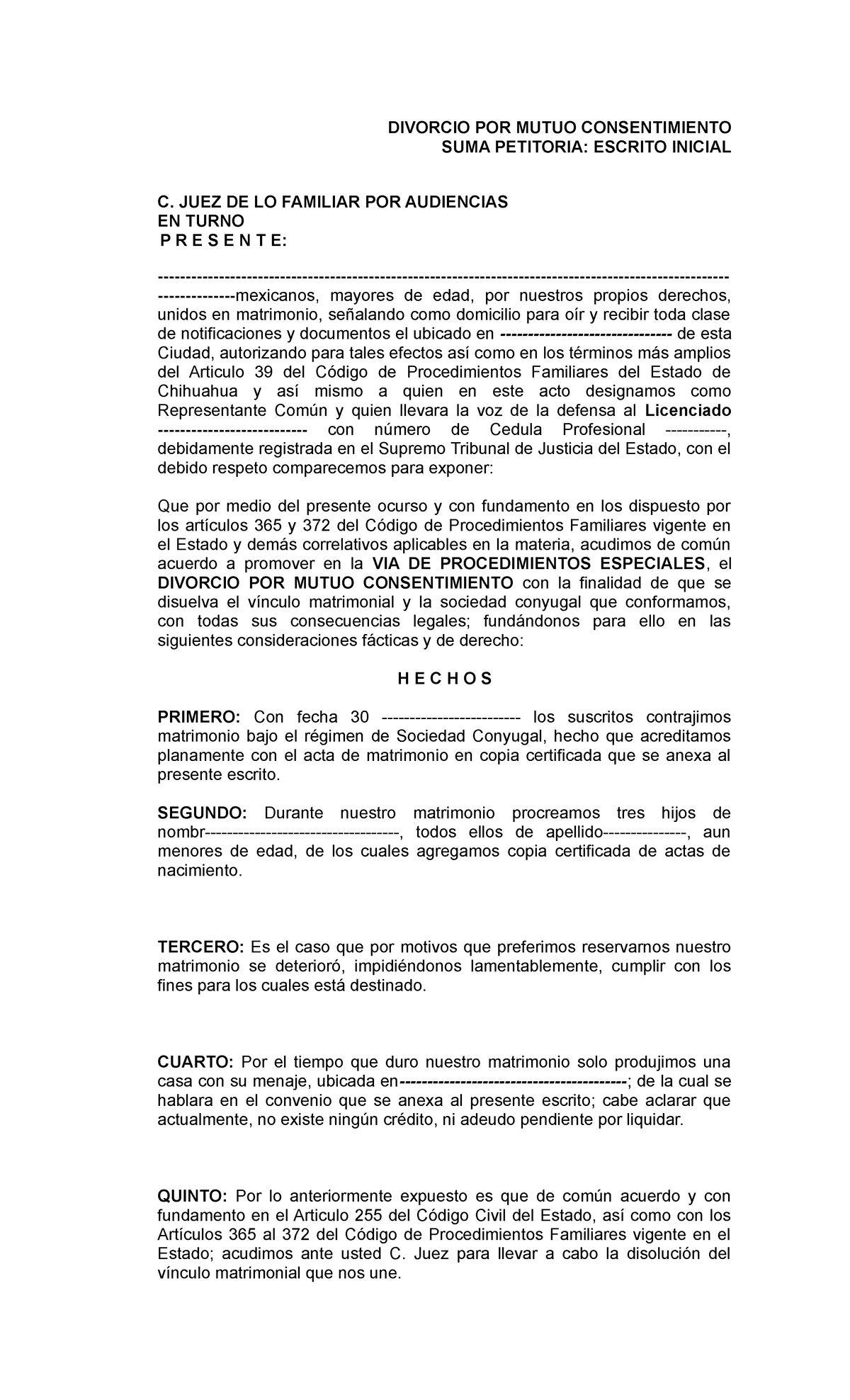 Machote de Divorcio Voluntario con Convenio (Ejemplo Legal) - Studocu