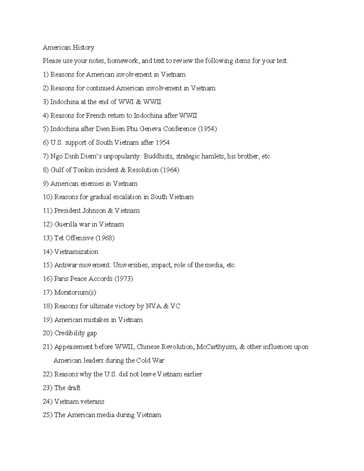Study Guide for American History: Vietnam Involvement and Key Events ...