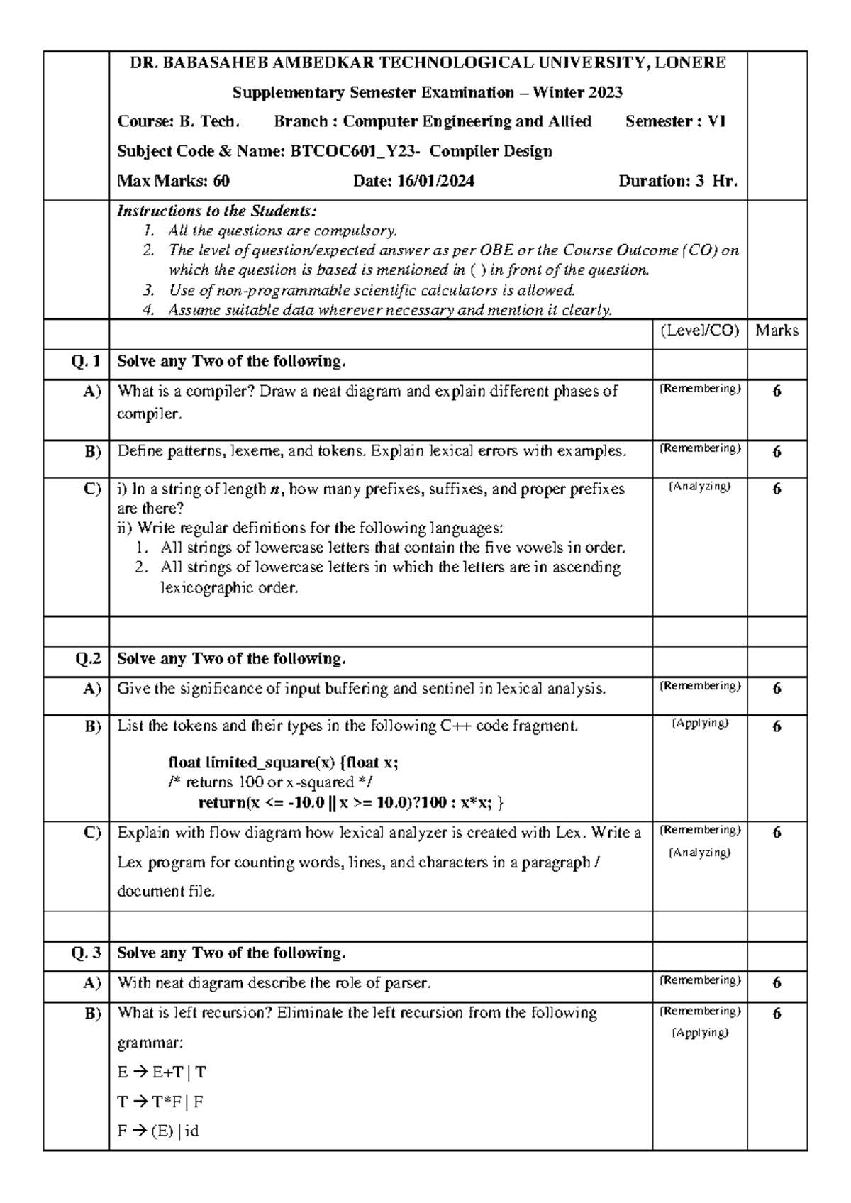 Compiler Design Supplementary Exam - BTCOC601_Y23 Winter 2023 - Studocu