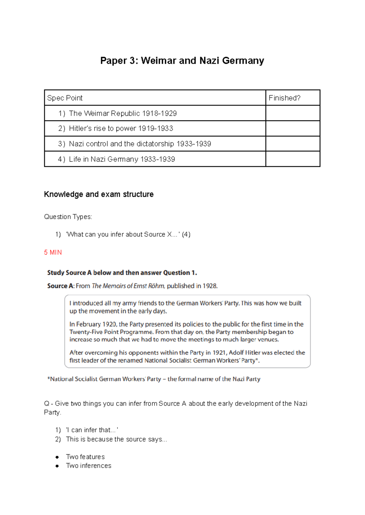 Paper 3: Weimar Republic & Nazi Germany Overview and Exam Guide - Studocu